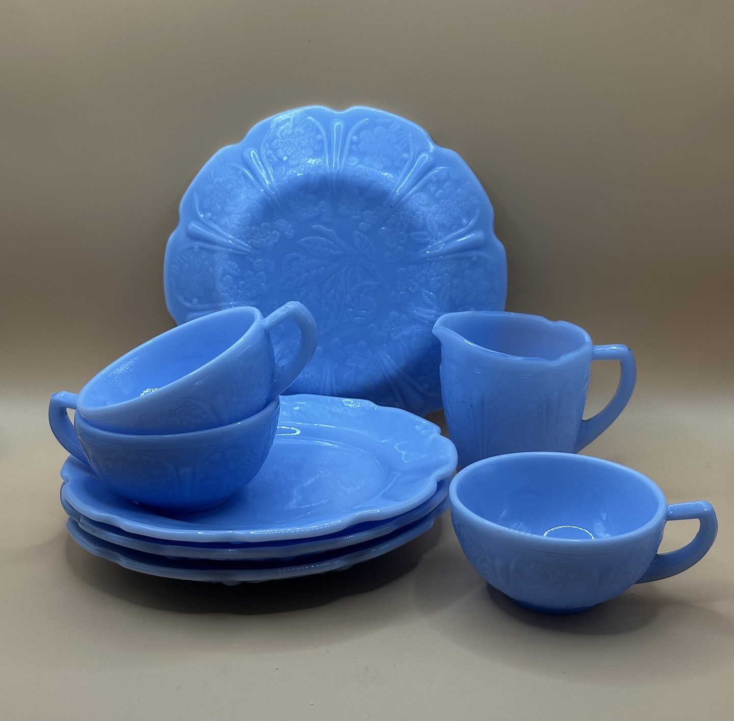 Vintage Jeanette Glass Blue Delphite Cherry Blossom Child Tea Set 8 Piece