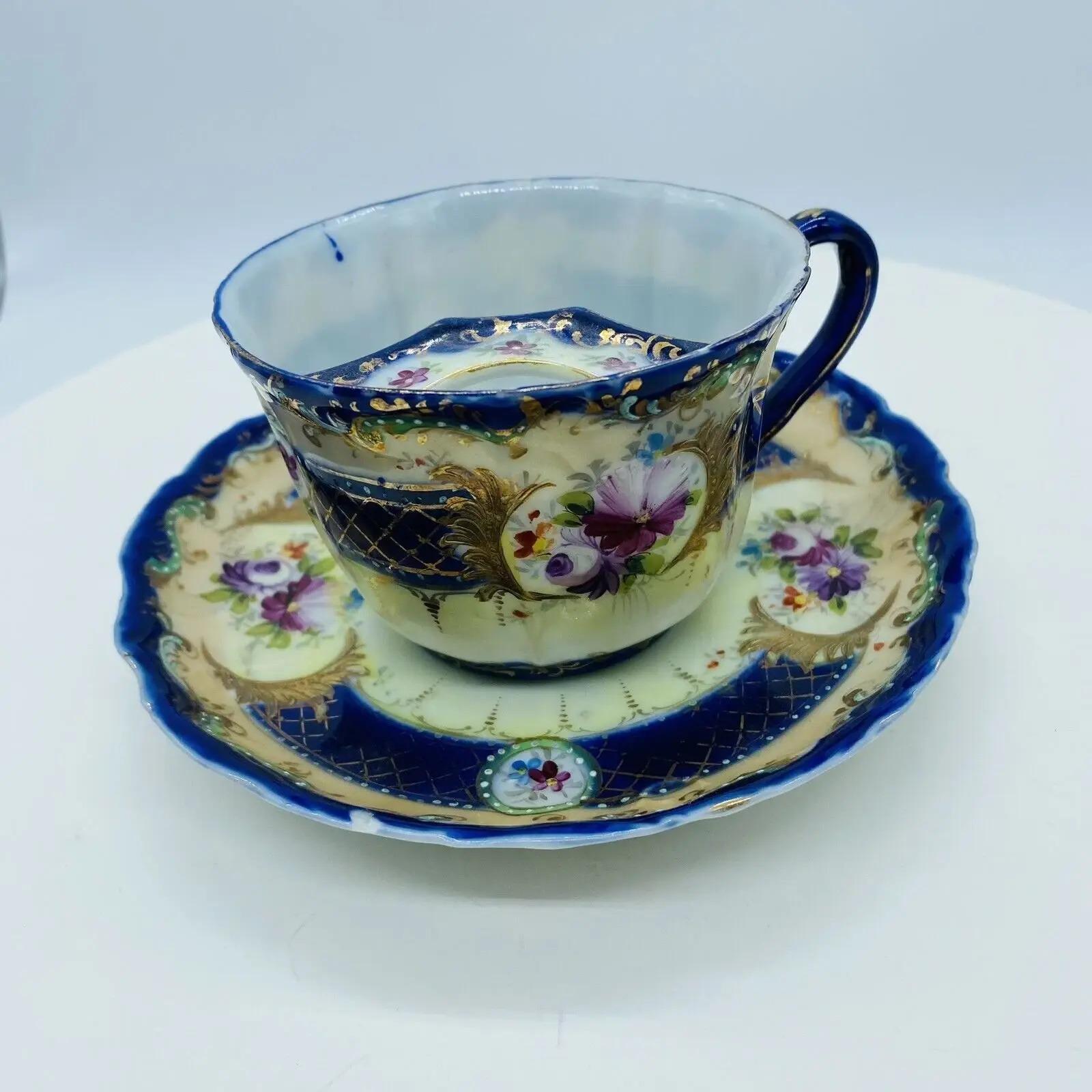 Antique Royal Nippon moustache cup with saucer Cobalt Blue Floral ...