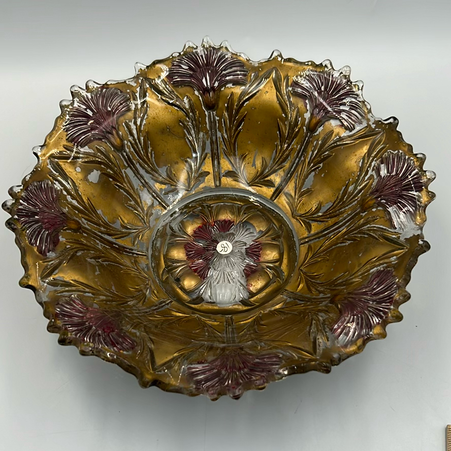 060 Antique Goofus Glass Red Thistle Carnation Bowl 9” Glow