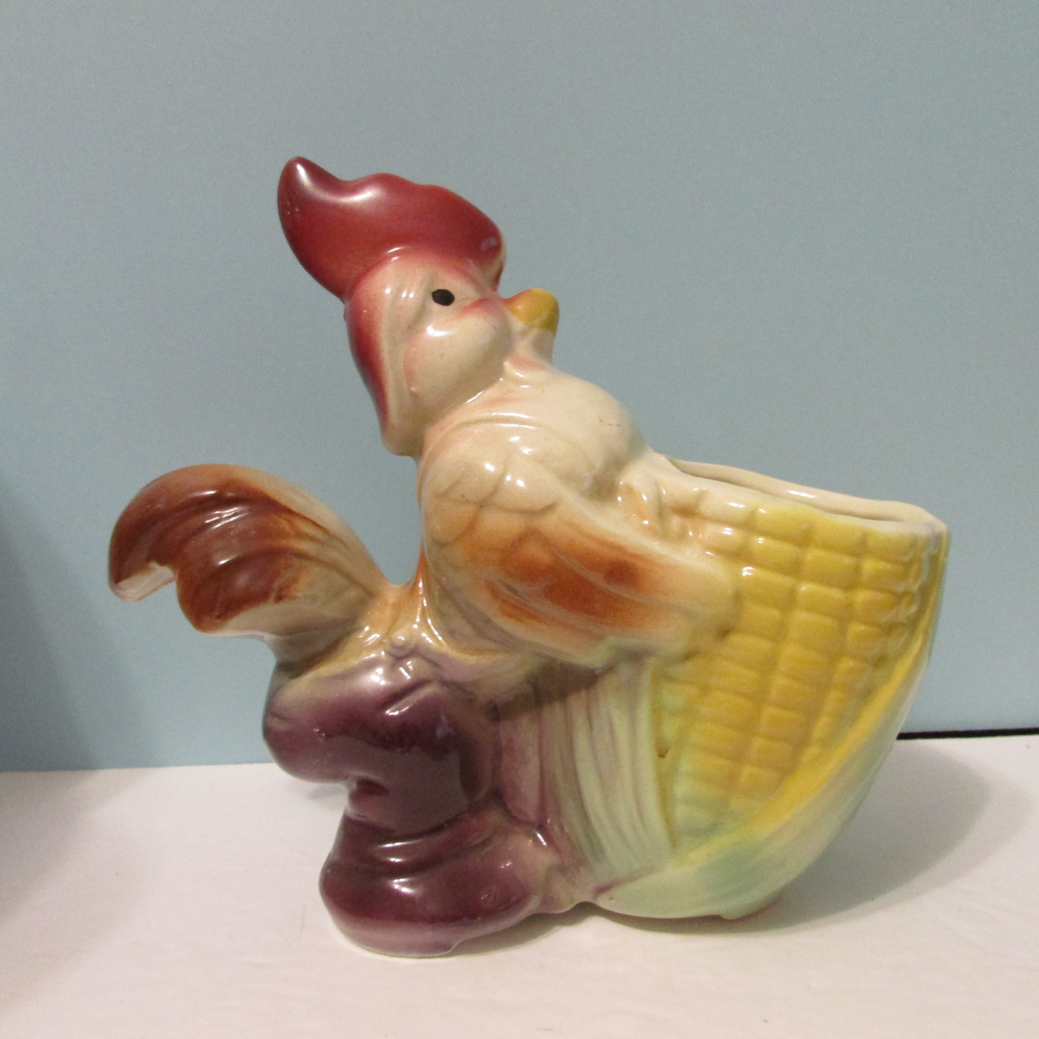 vintage anthropomorphic rooster in overalls holding corn cob planter ...