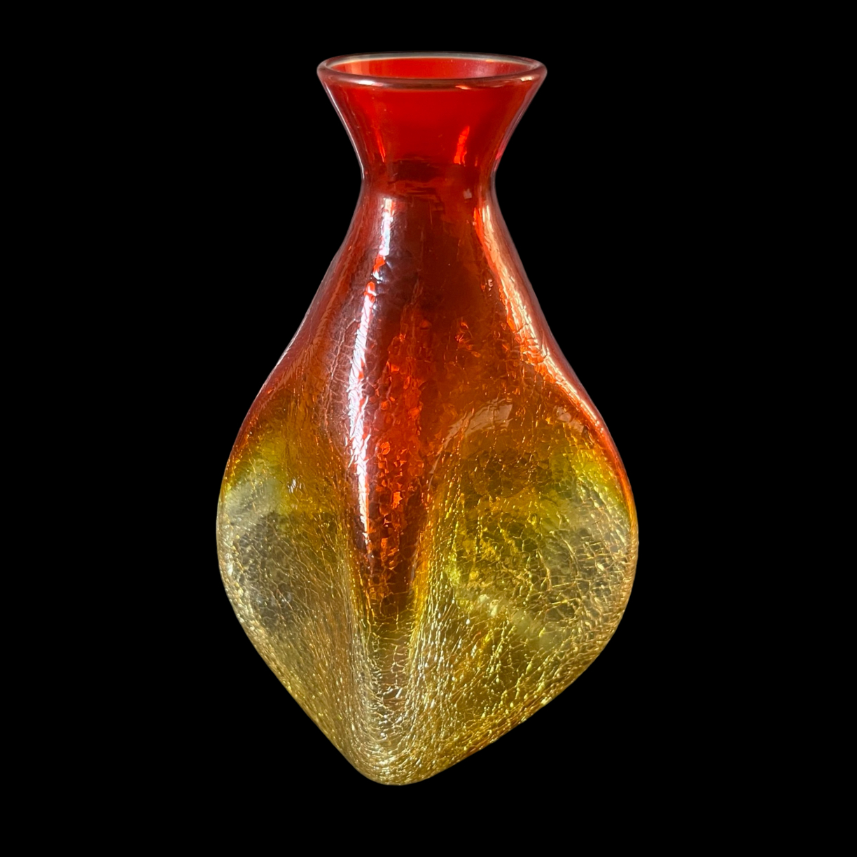 Blenko Amberina Pinched Square Vase 7.25”