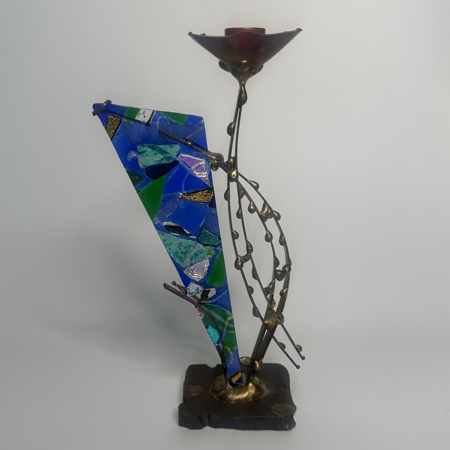 Gary Rosenthal Collection Fused Glass Brass Design Candle Holder