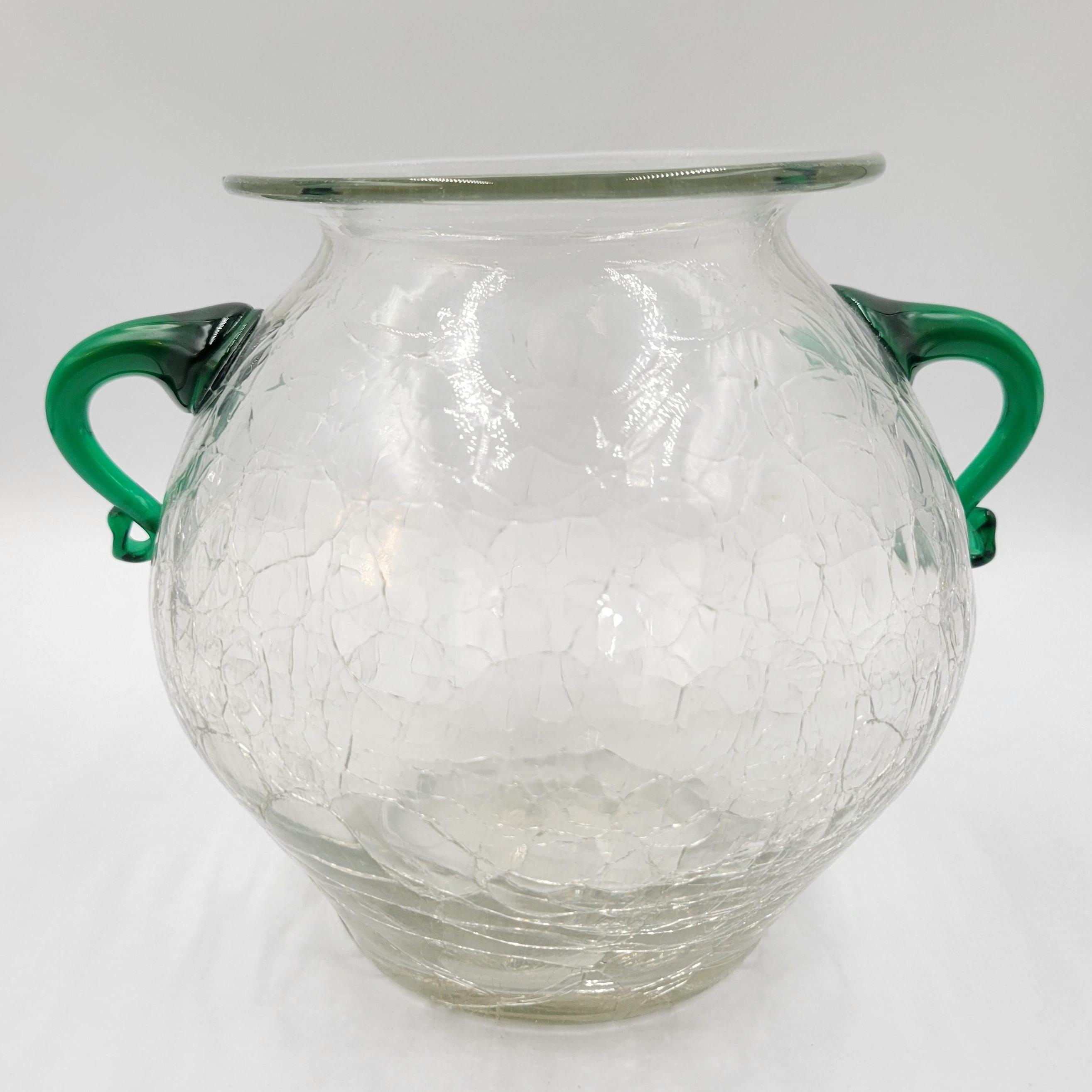 Vintage Blenko Glass 375 Crystal Crackle Vase/Urn With Applied Emerald ...