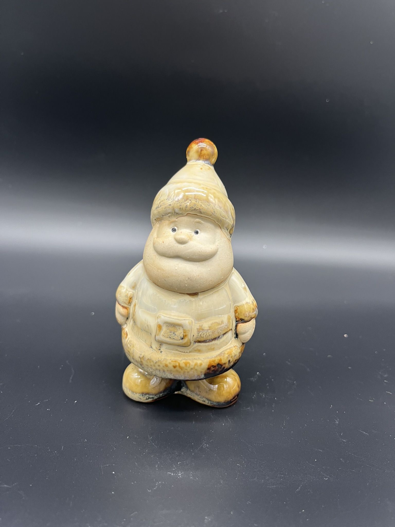 Glazed Pottery Santa Figurine - Tan and Brown Glaze