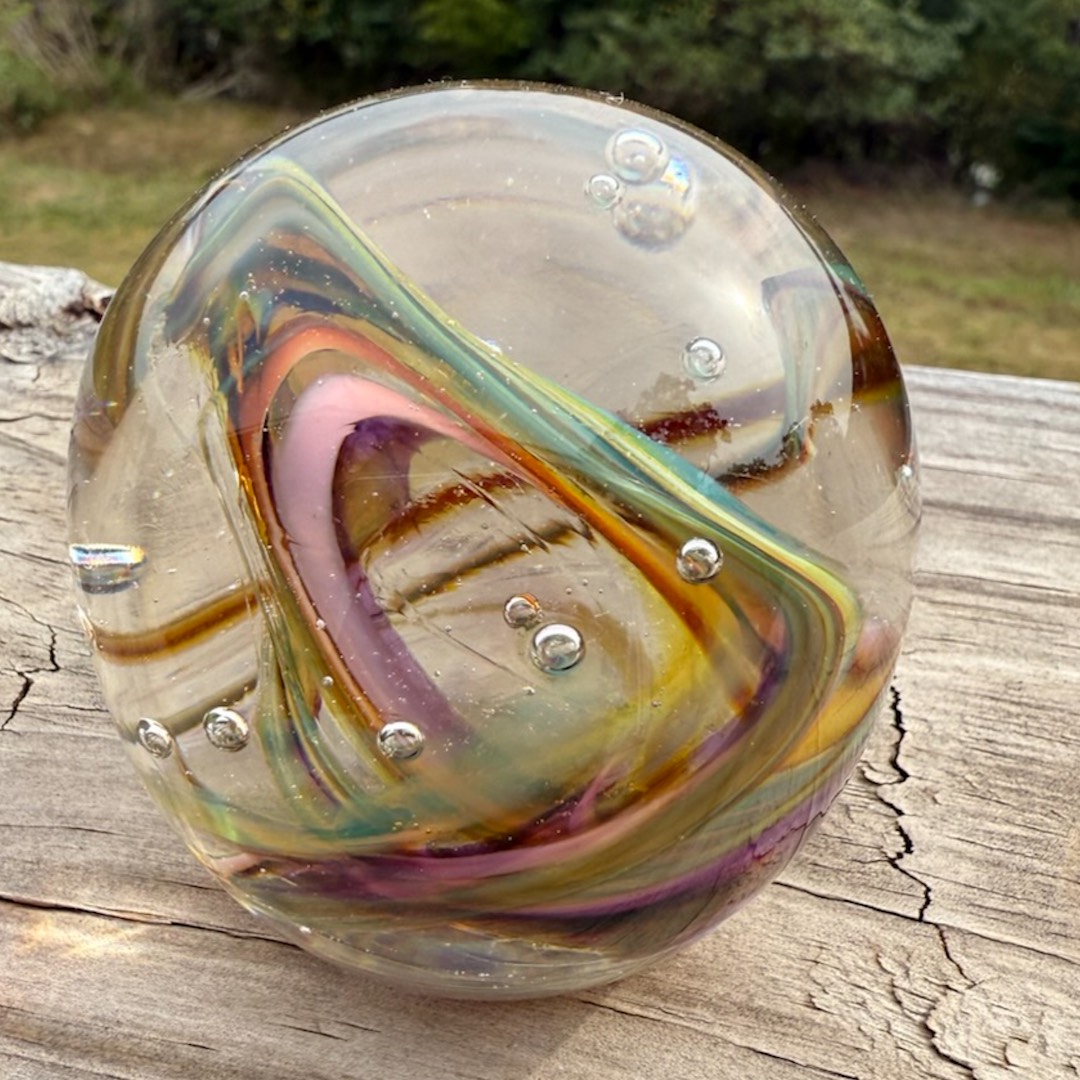 Signed Art Glass Paperweight – Multicolor Swirls w/ Controlled Bubbles