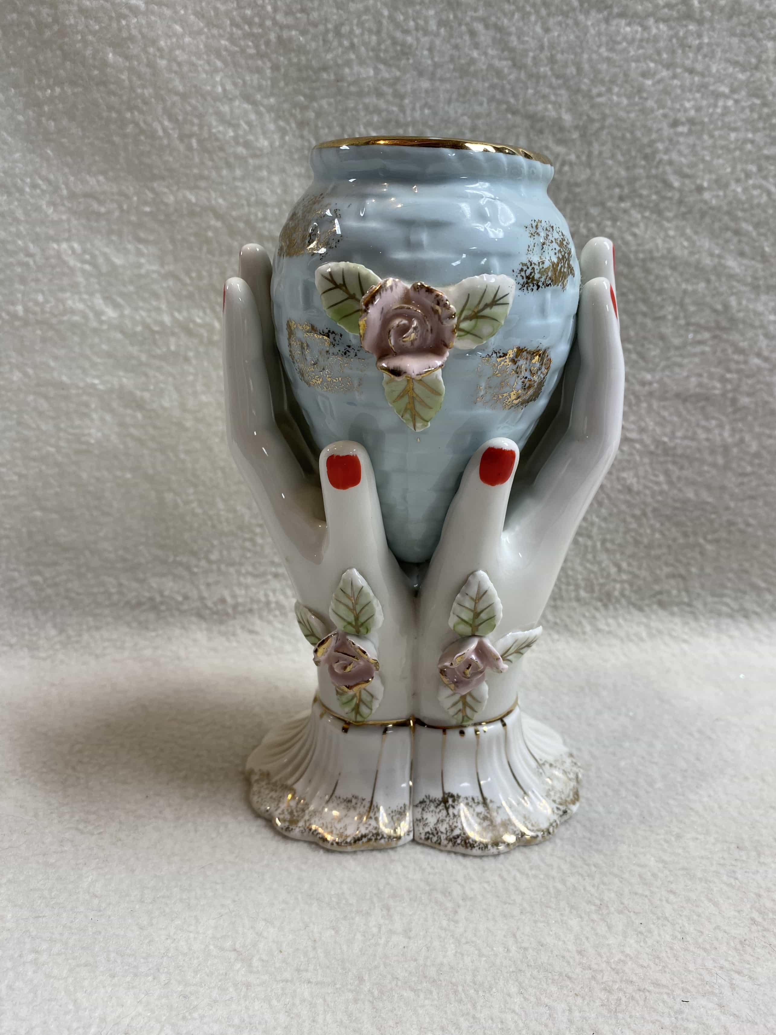 Vintage Hand Vase with Pink Applied Flowers (V210)