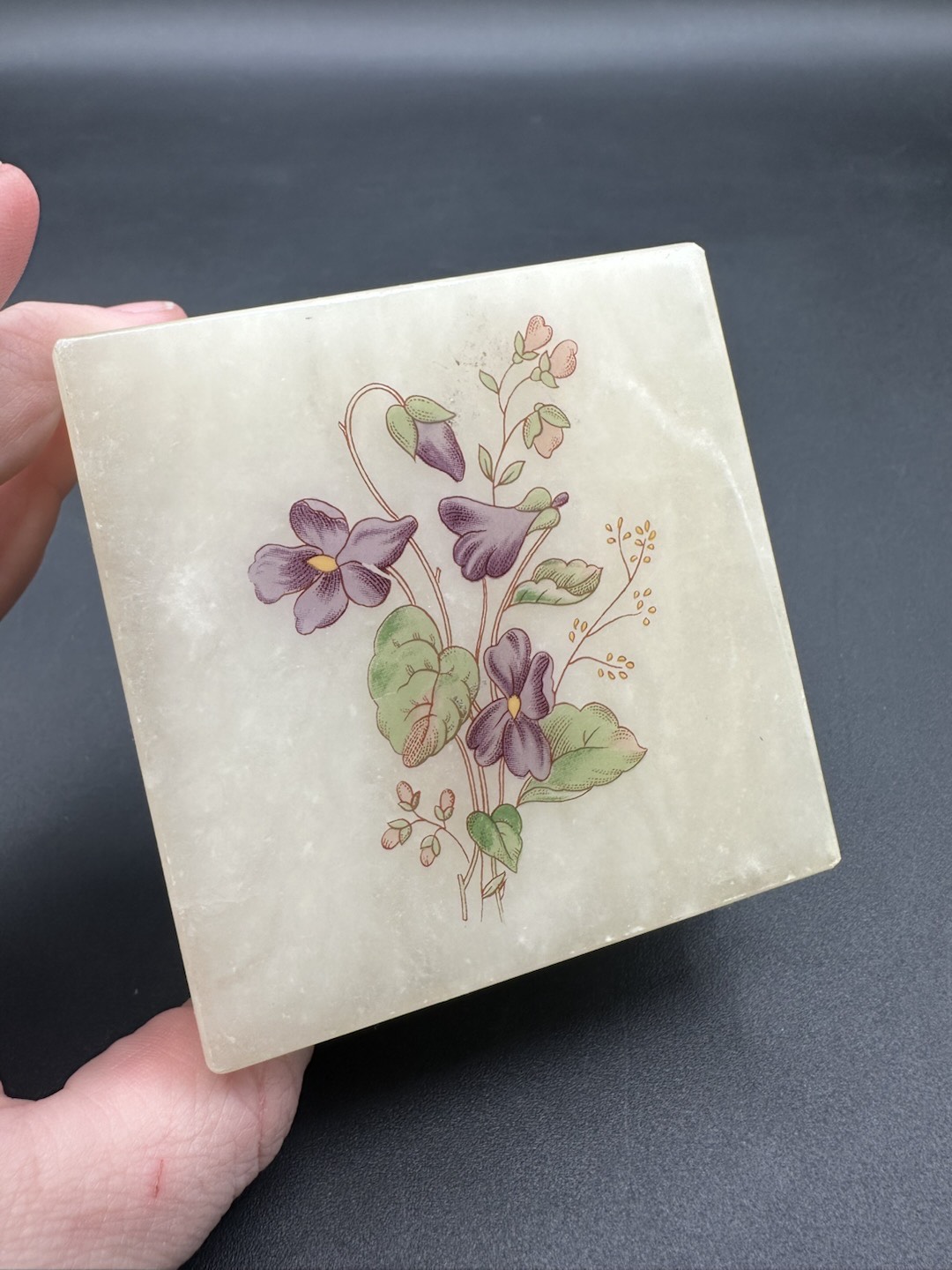 Italian Alabaster Hand painted Purple Floral Trinket Box 4”
