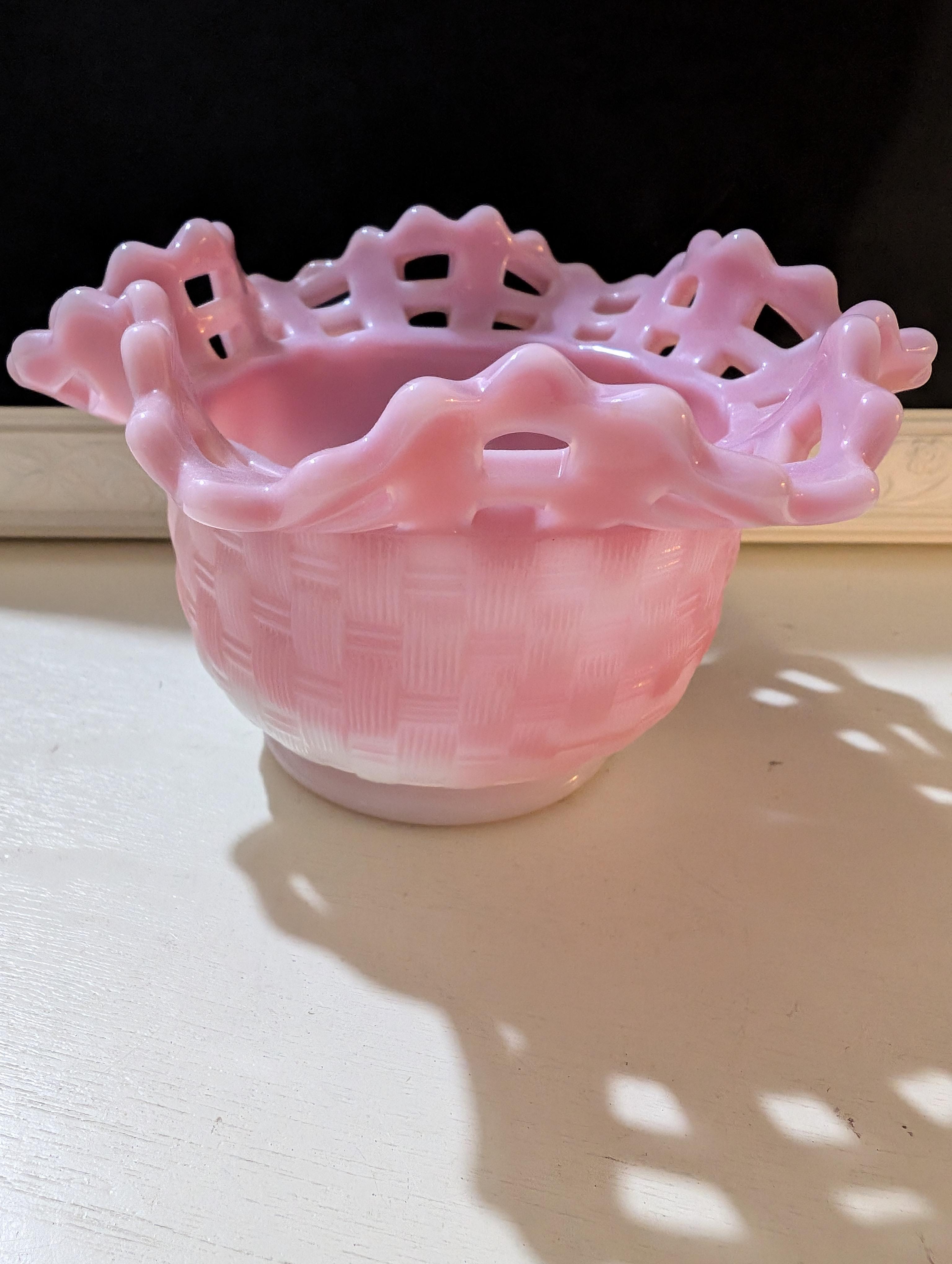 Vintage Fenton Pink Slag Glass Lattice Edge Milk Glass Basket Bowl