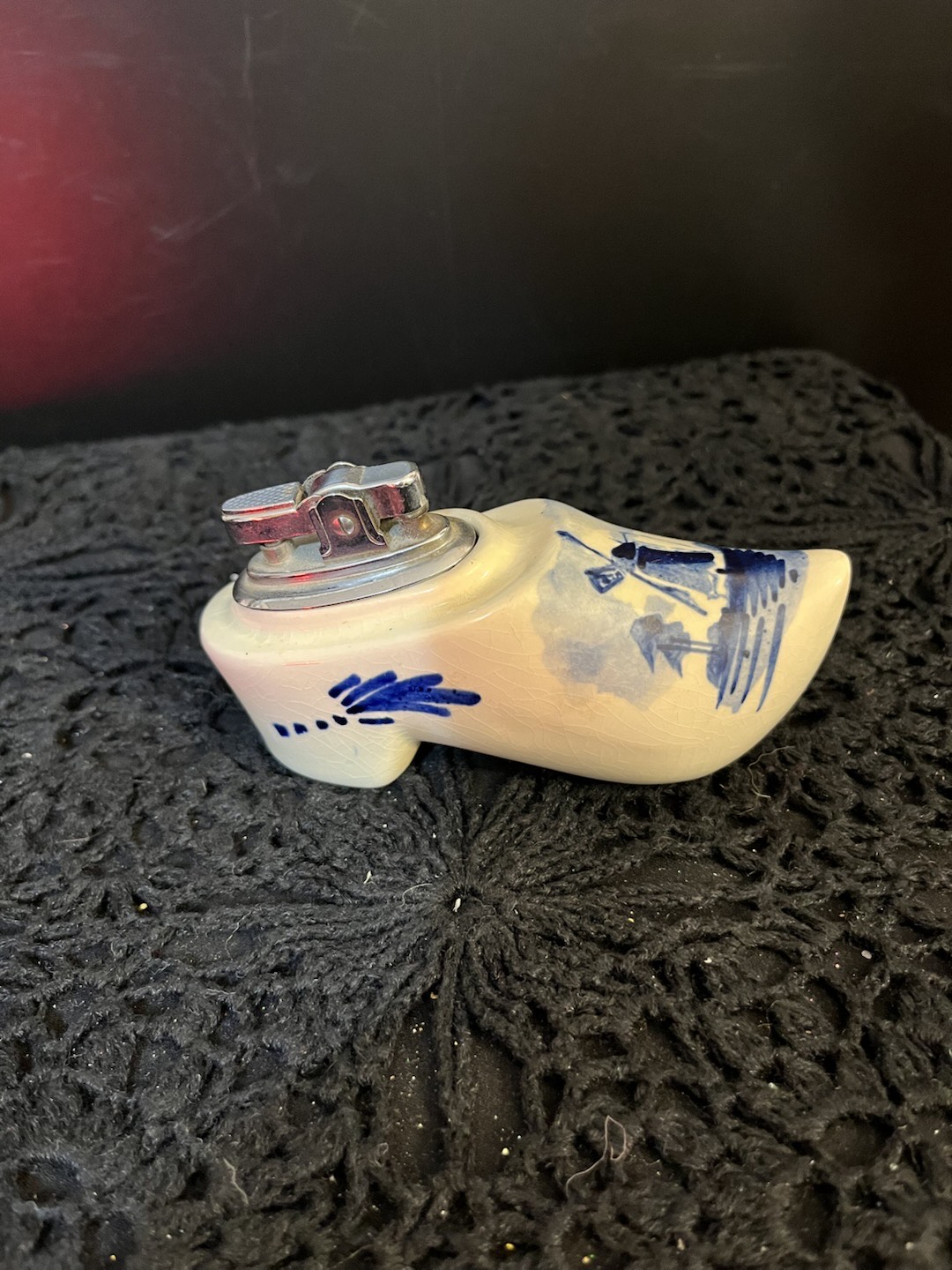 Delfts Blue & Ivory w/ Painted Windmill and Cottage, Clog Shaped Table ...