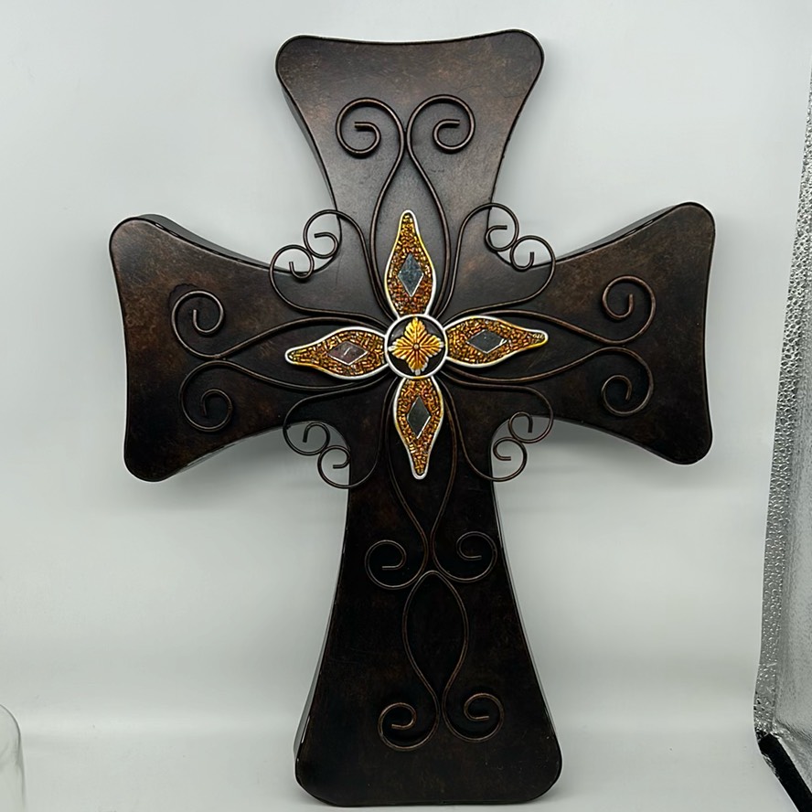 Large metal cross with mirrored mosaic design wall hanging 16” x 12”