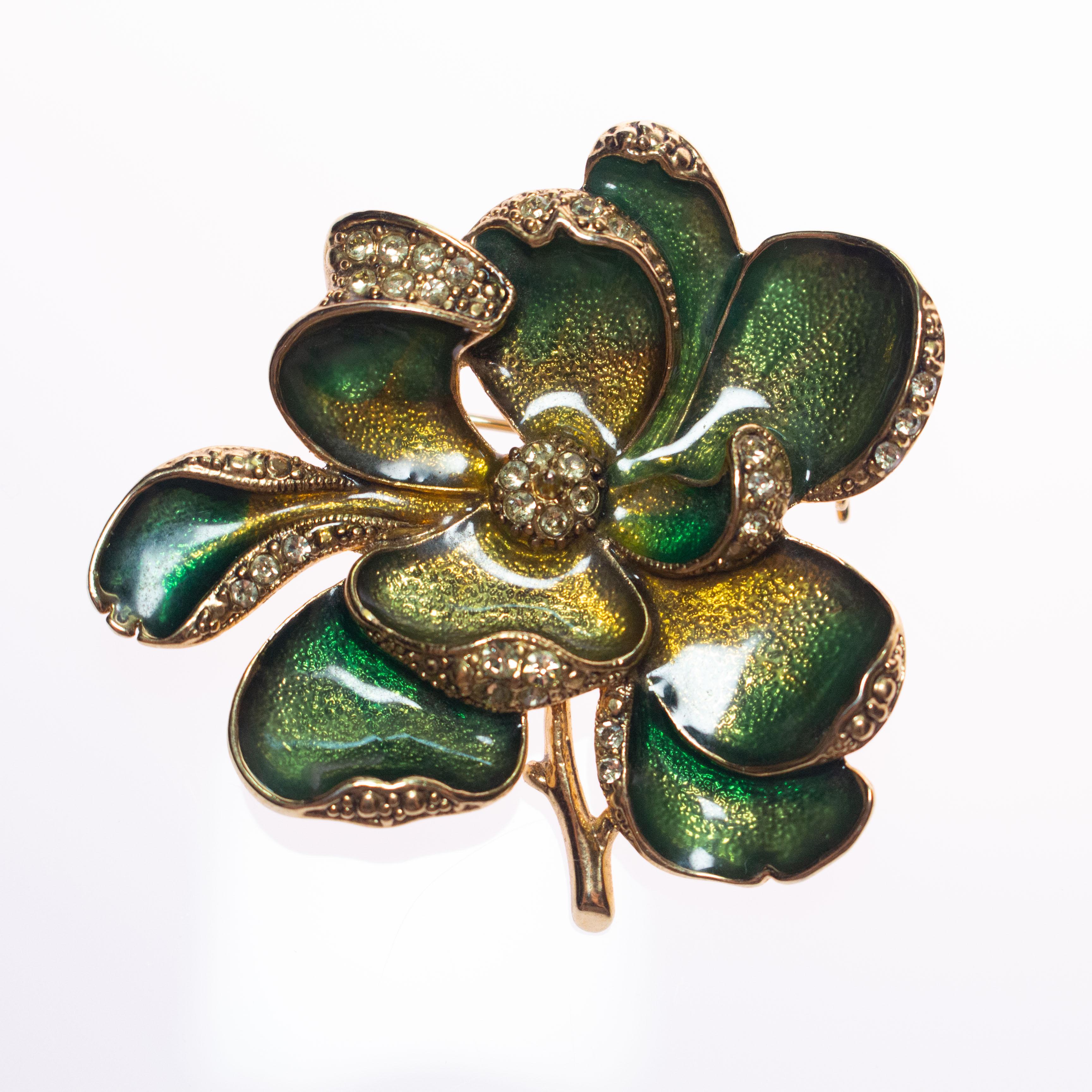 MONET UV Reactive Green & Gold Tone Flower Rhinestones Enamel Pin ...