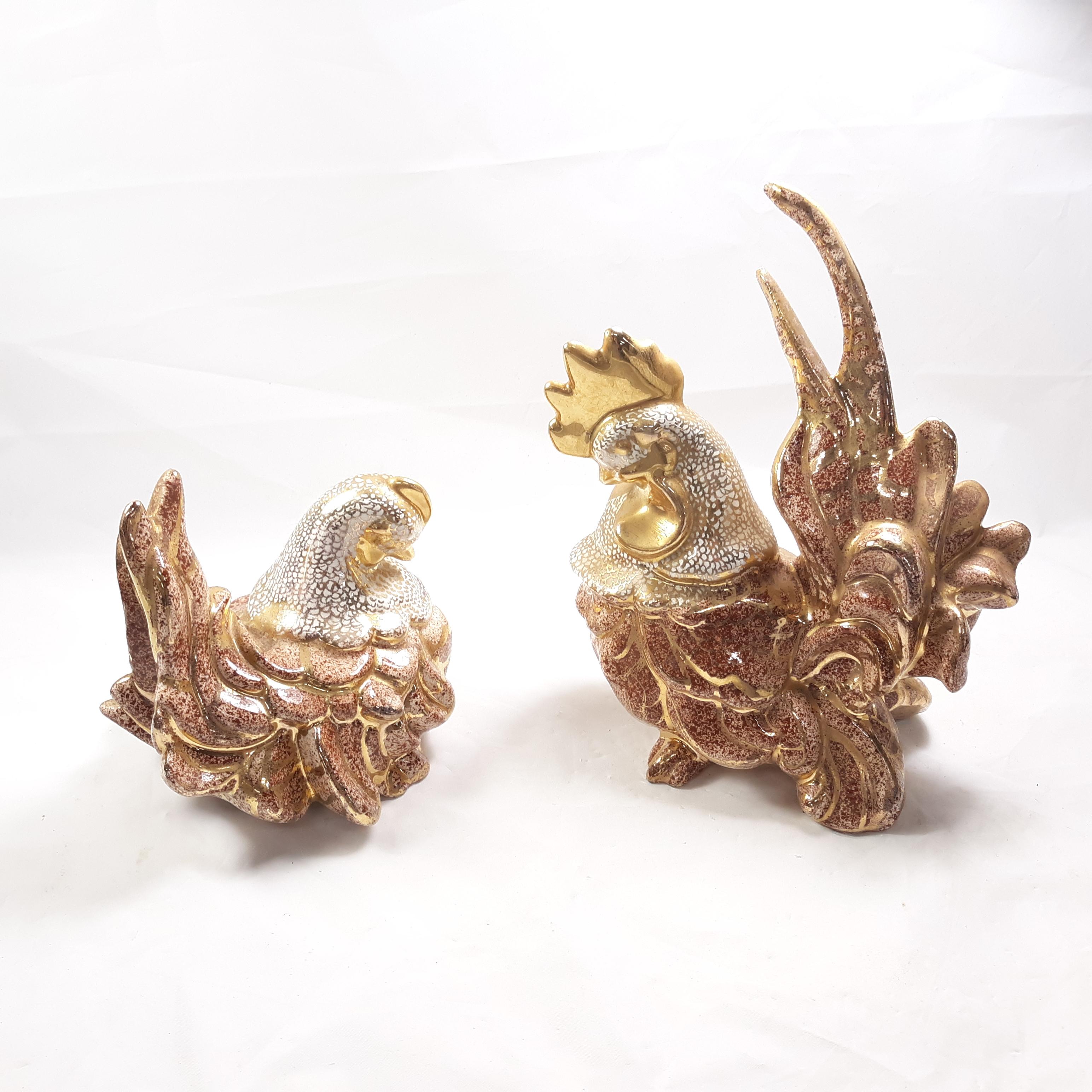 Vintage Ceramic Chicken Figurine Pair Rooster & Hen Red Gold Cream