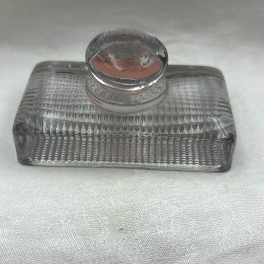 Vintage Pressed Glass Stamp Crosshatch Paperweight with Handle