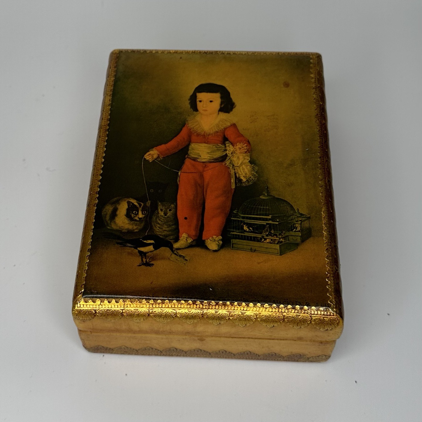 Francisco de Goya Manuel Red Boy and Animals Print On Antique Gilt Wood Box