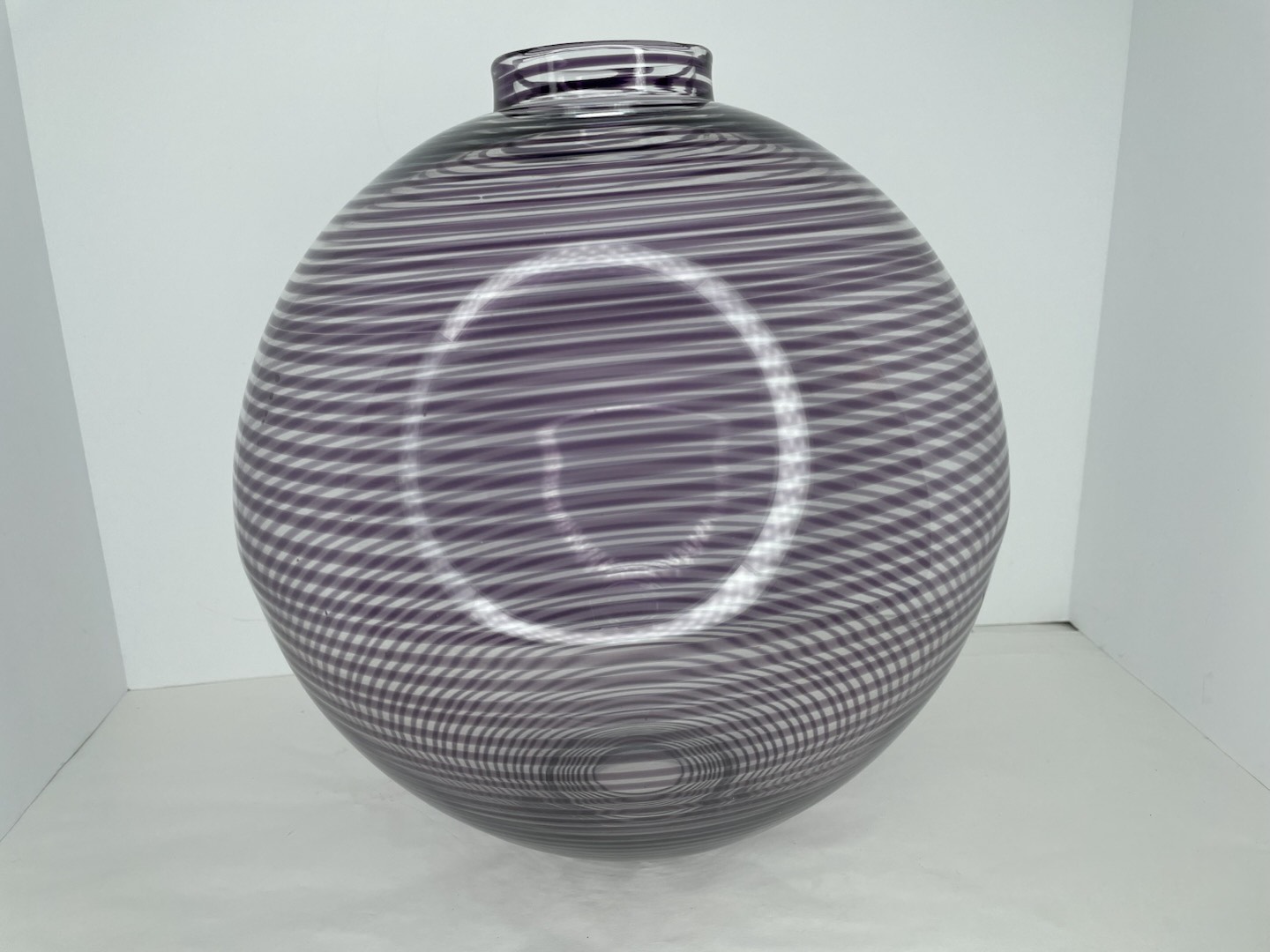 Large Art Glass Globe Sphere Vase Clear Amethyst Purple Stripes ...