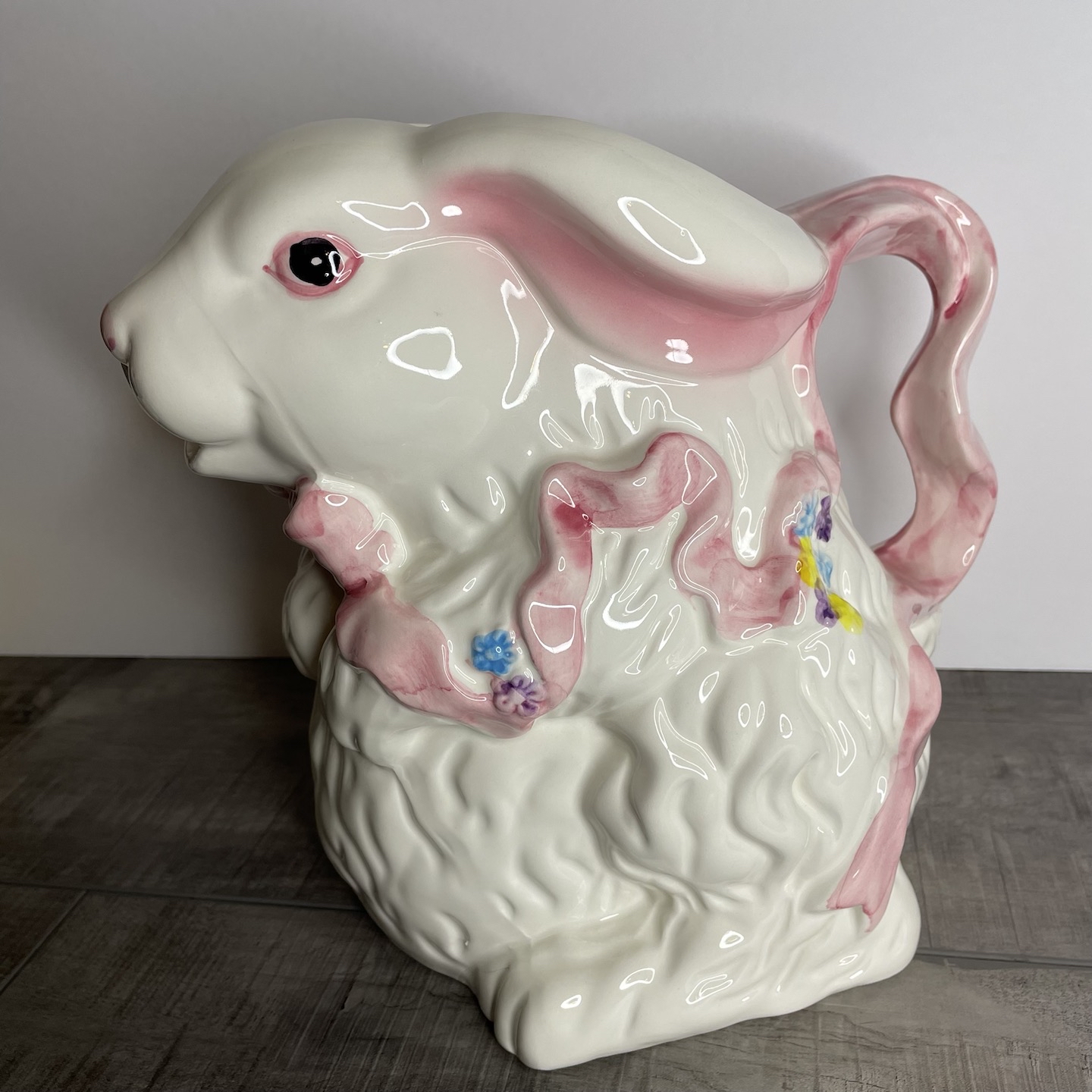 Vintage Bunny Rabbit Large Ceramic Pitcher Pastel Ribbon Flowers ...