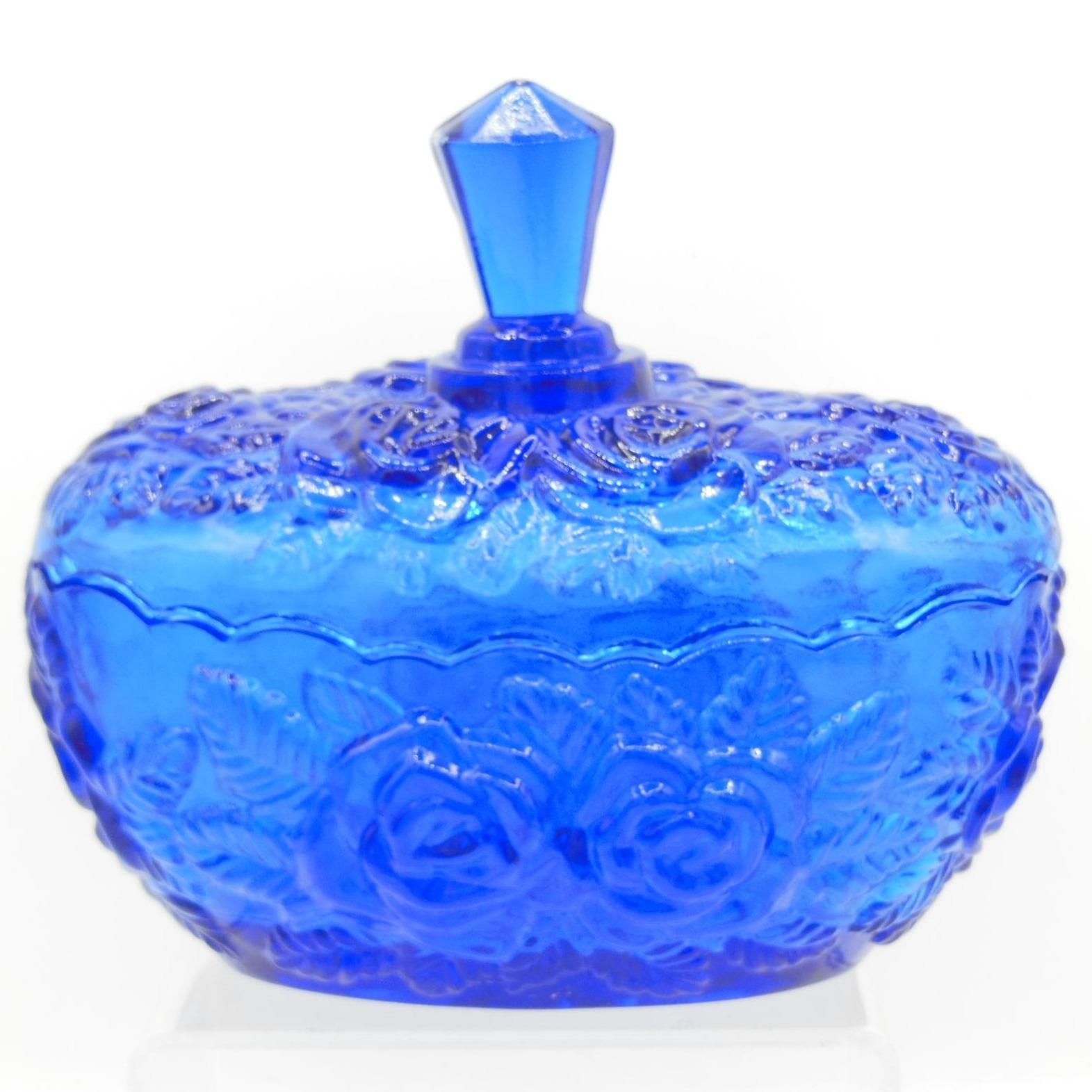 Vintage Cobalt Blue Rose Pattern Oval Covered Dish