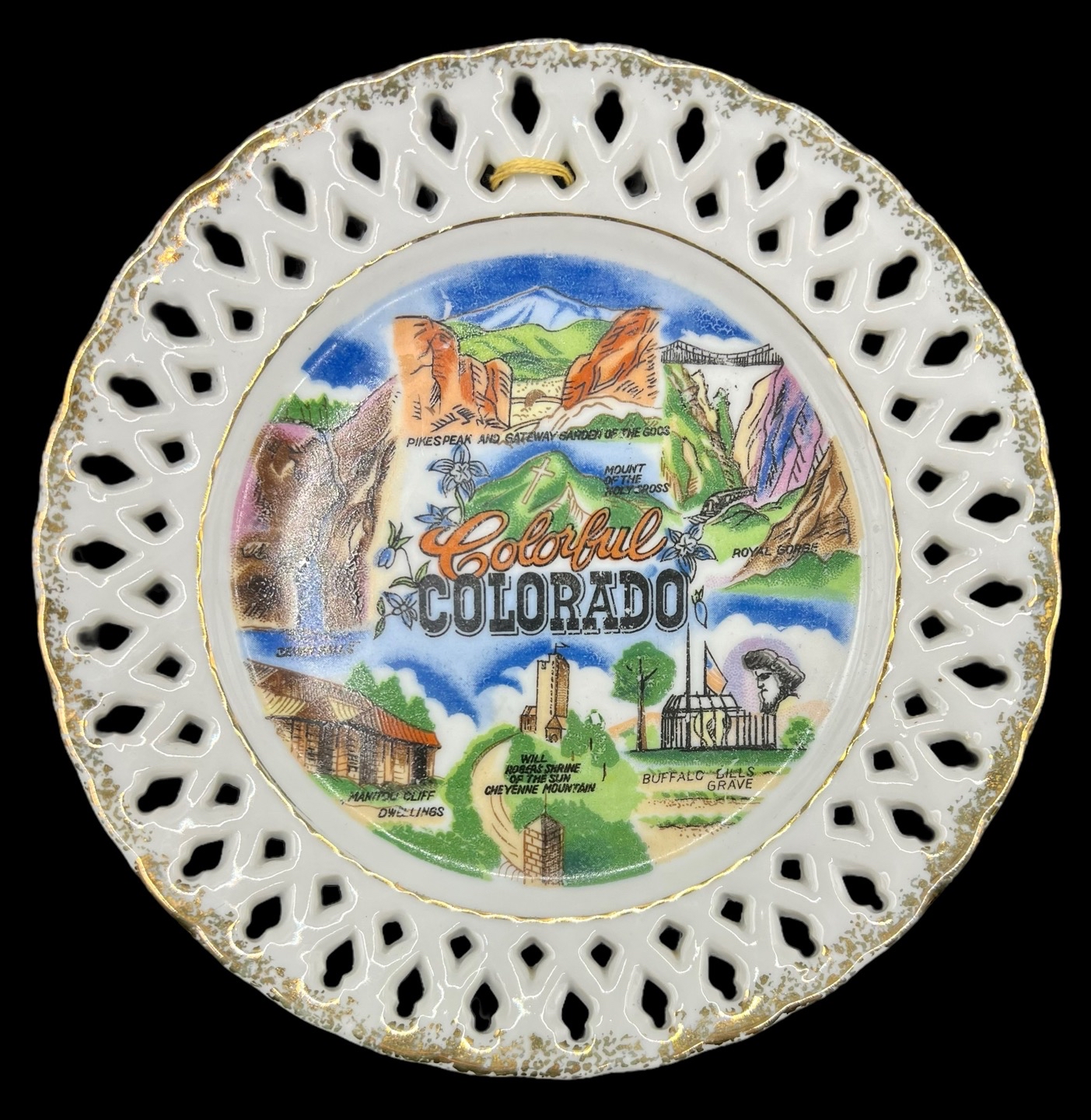 Vintage Porcelain Souvenir Plate Colorful Colorado Landmarks Reticulated 6”