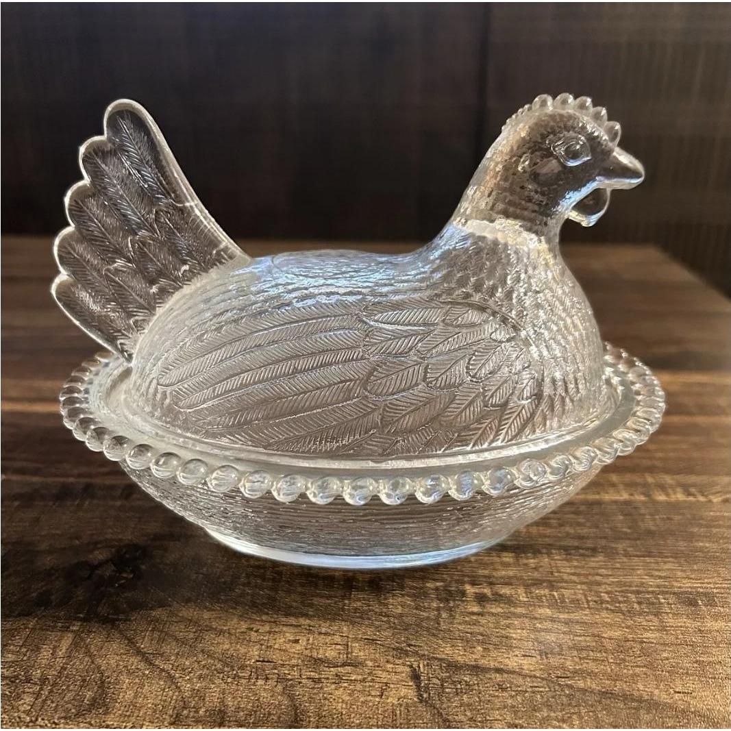 Clear Indiana Glass Chicken Hen on Nest Beaded Edge 7" Covered Dish & Lid