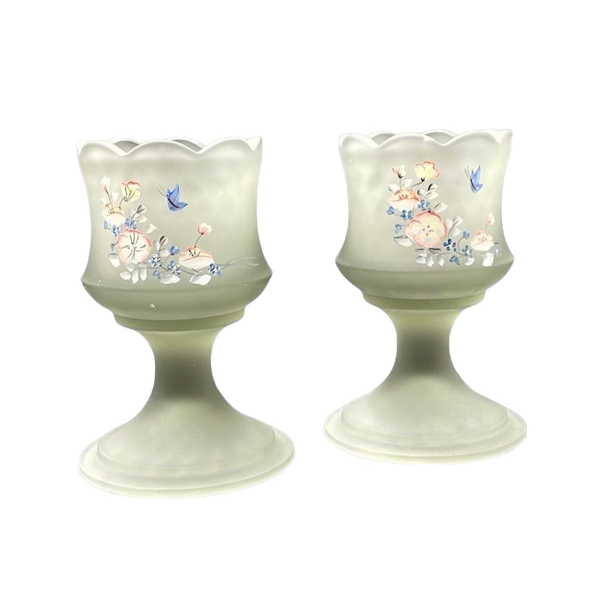 Fenton Hand Painted Smokey Gray Satin Glass Votive Candle Holders Glows ...