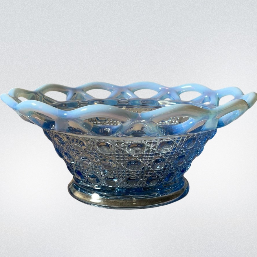 Blue Opalescent Imperial Laced Edge Button & Cane Bowl 5.5” X 2.5”