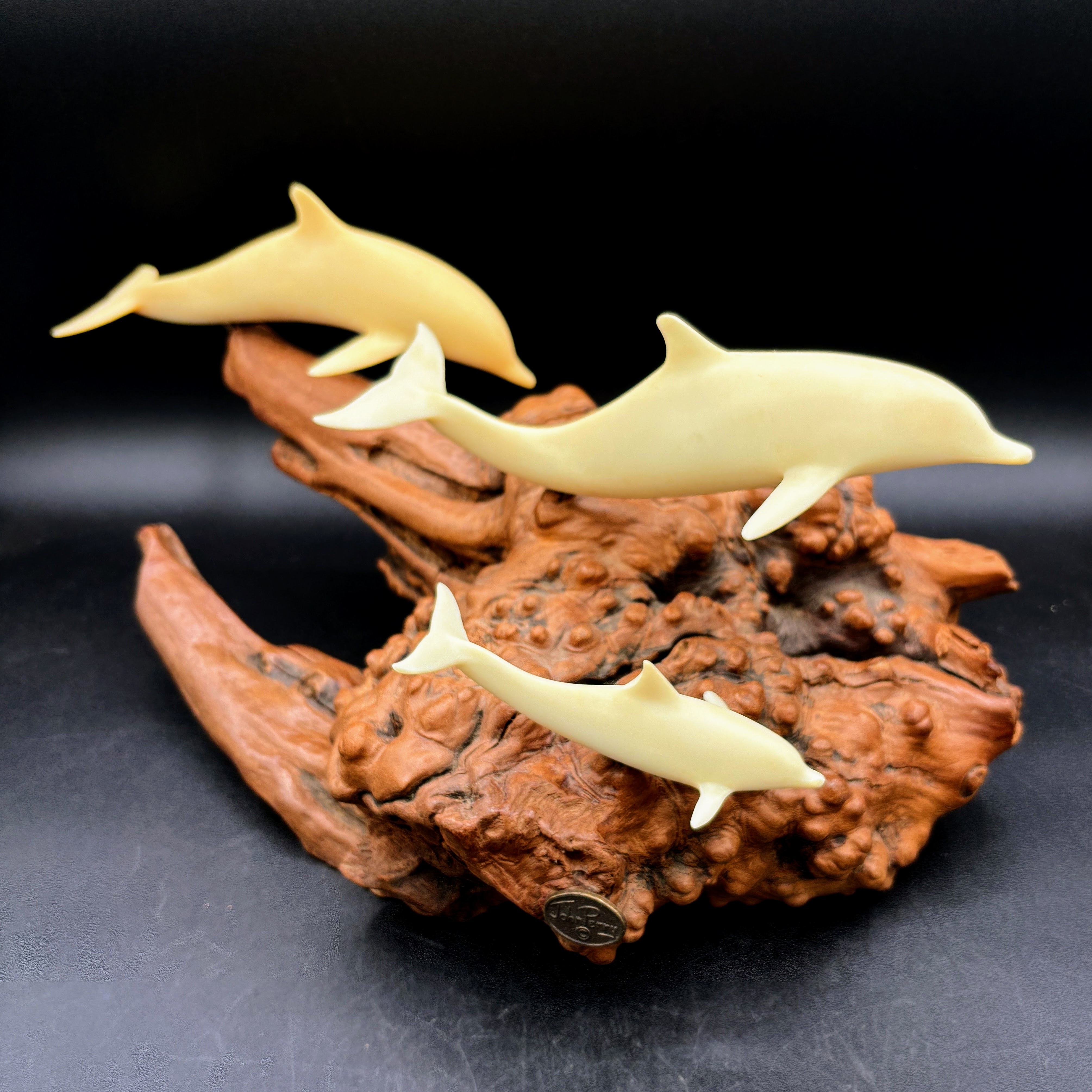 John Perry Large Three Dolphin Sculpture Hand Carved Driftwood Base ...