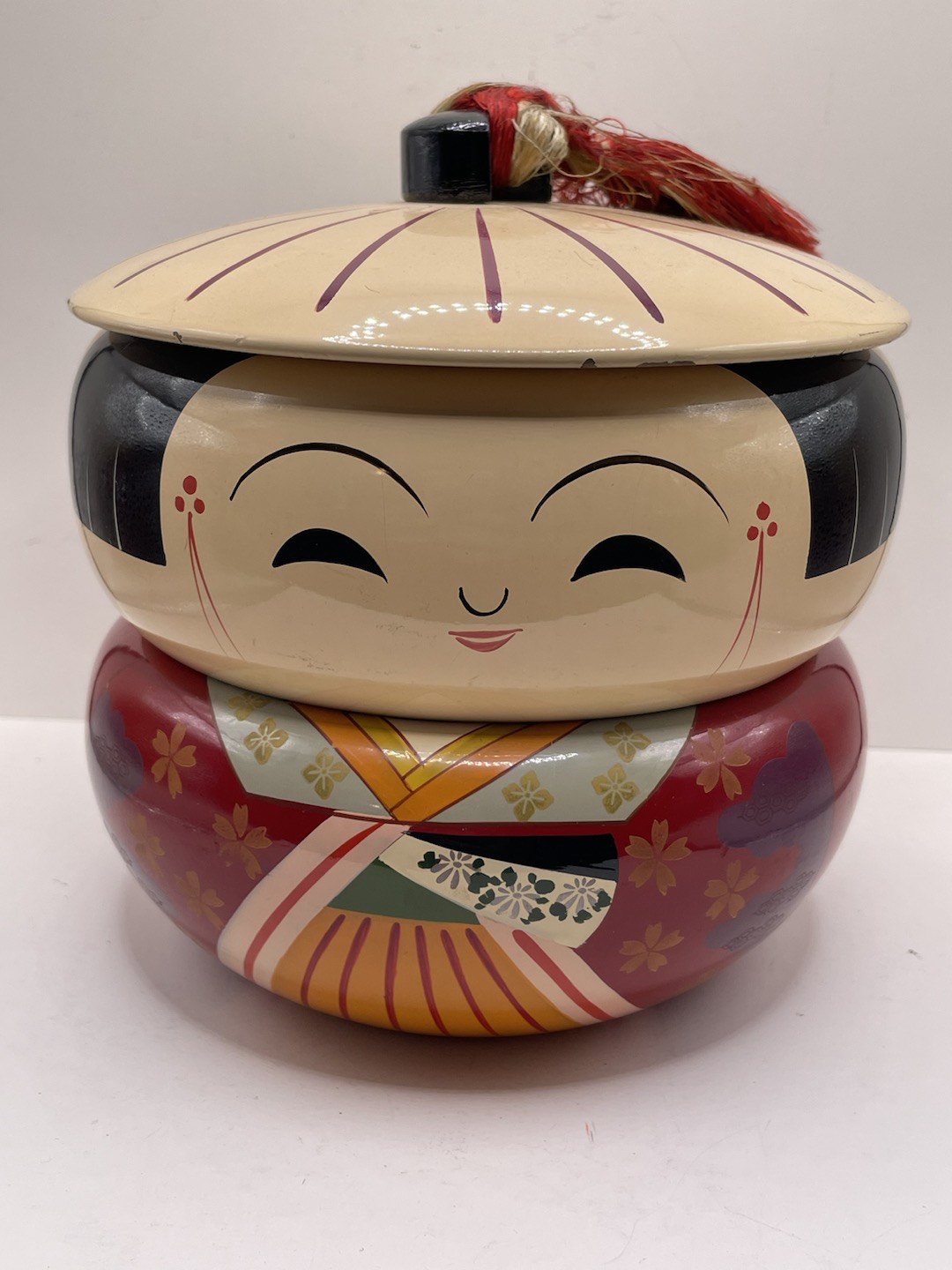 Vintage Japan Kokeshi Doll Stacking Bento Box 3 piece Large