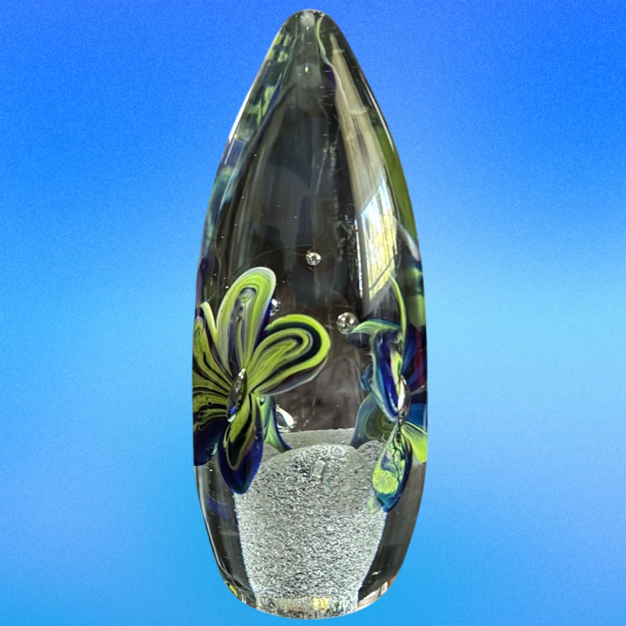 Art Glass Cone Shaped Paperweight With Green & Blue Flowers Signed * A ...