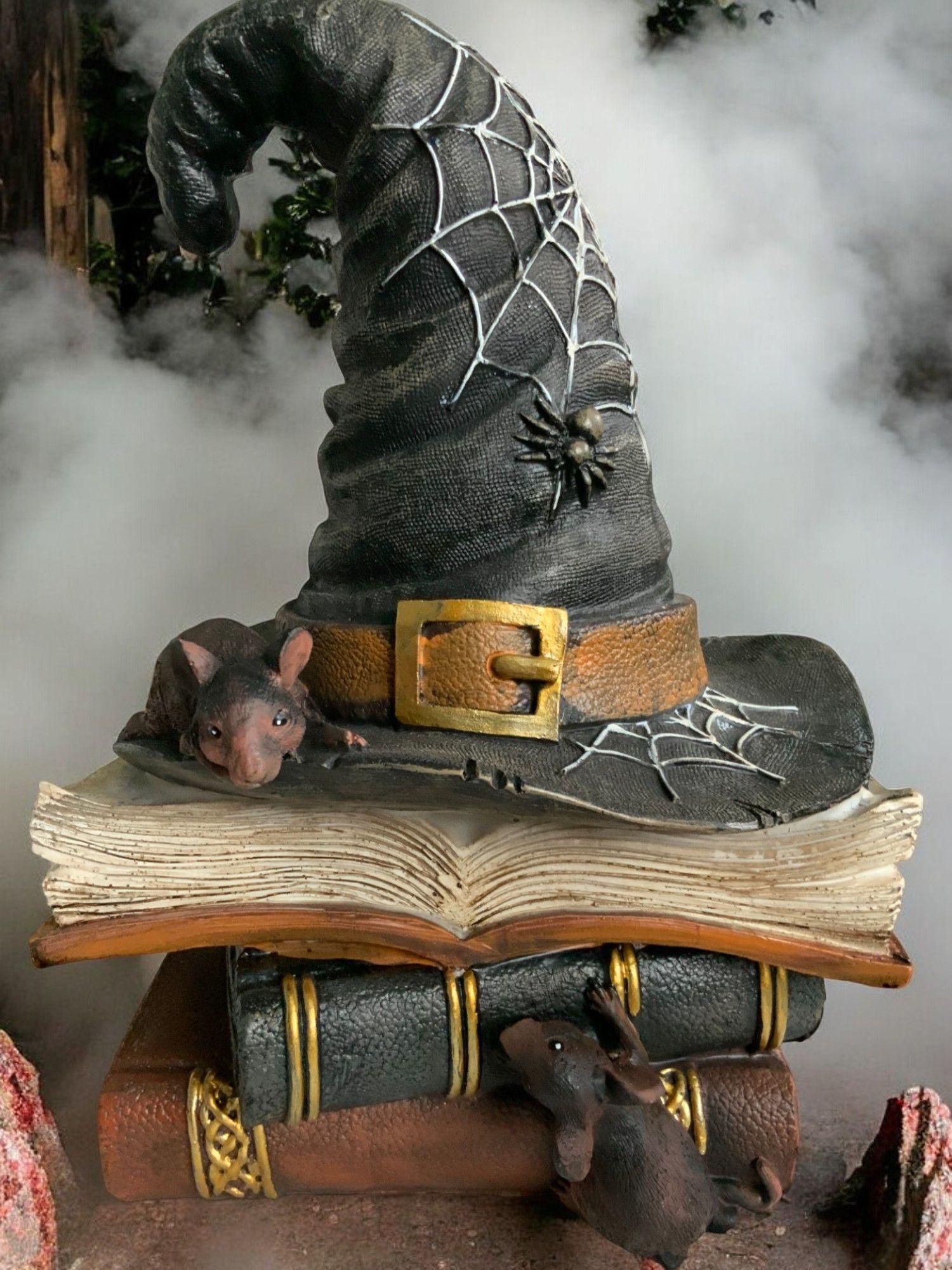 Halloween Decorative Witchs Hat Spellbook Stack With Mice Books Statue