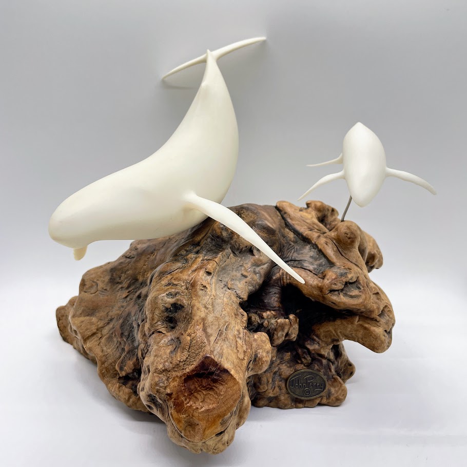John Perry Humpback Whales Sculpture Mother & Calf White Burlwood Base