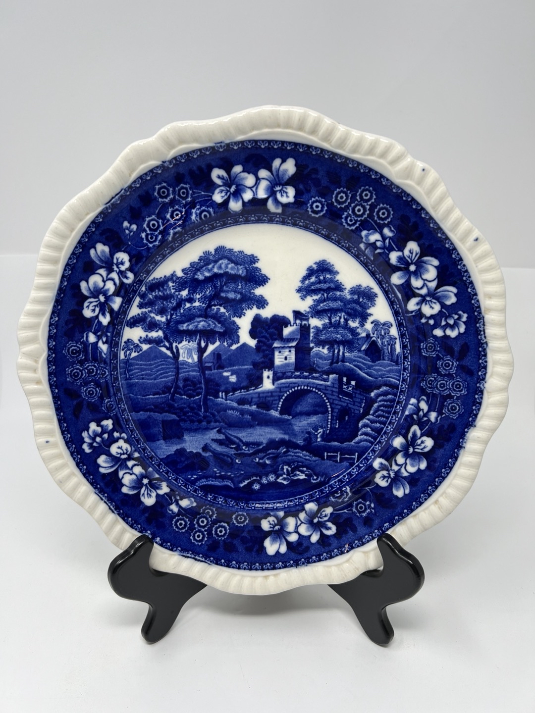 Antique Spode Tower Plate Blue Floral Bridge Castle Scene Copeland ...