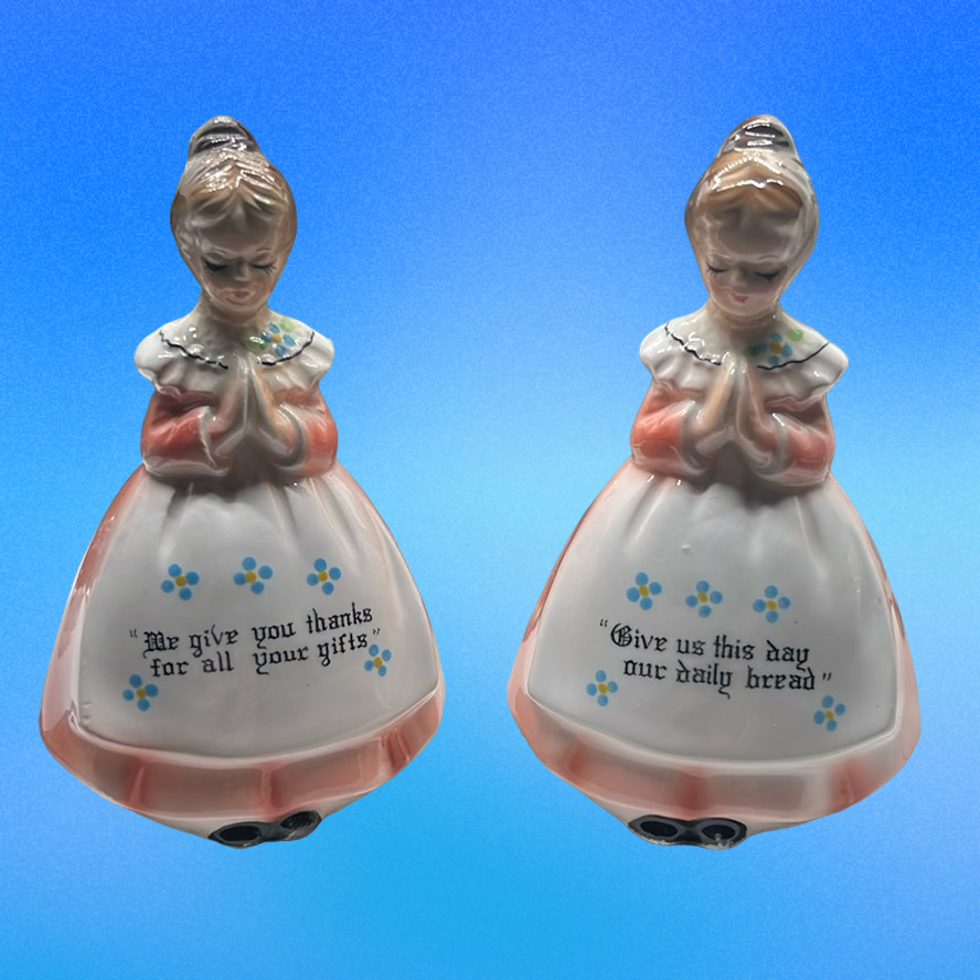 05. Vintage Enesco Pink Prayer Lady Salt & Pepper Shakers
