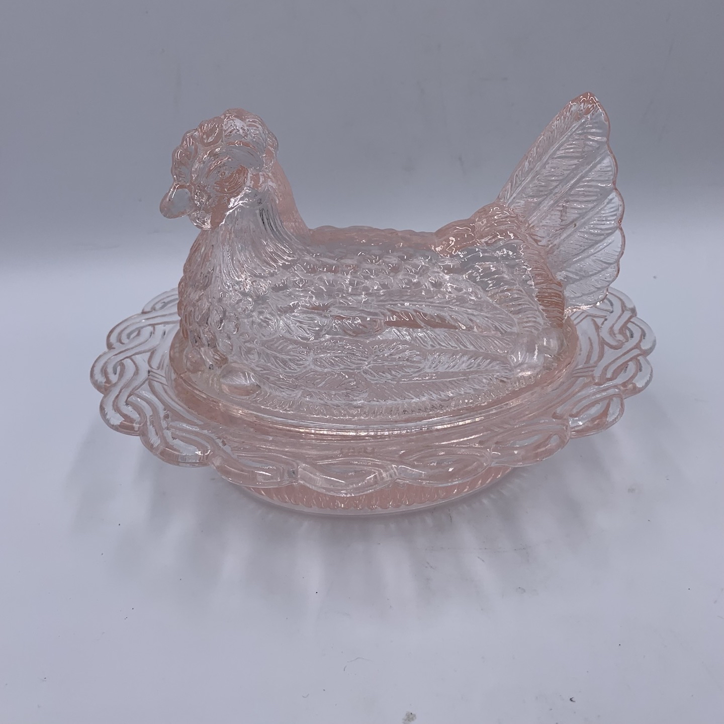 19. Mosser Pink Glass Hen On Nest Split Tail 6.5”