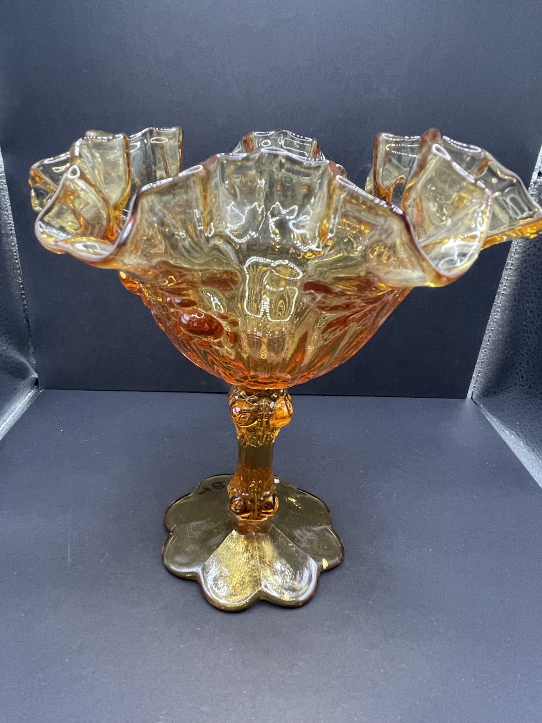 Fenton Colonial Amber Glass Cabbage Rose Pedestal Crimped Compote