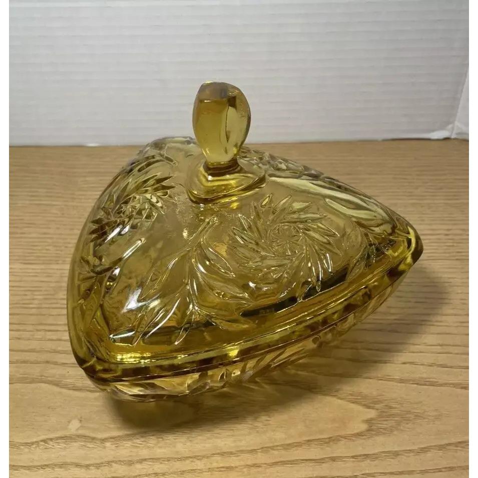 Vintage Indiana Glass Triangle Covered Candy Dish w Lid Amber Pinwheel ...