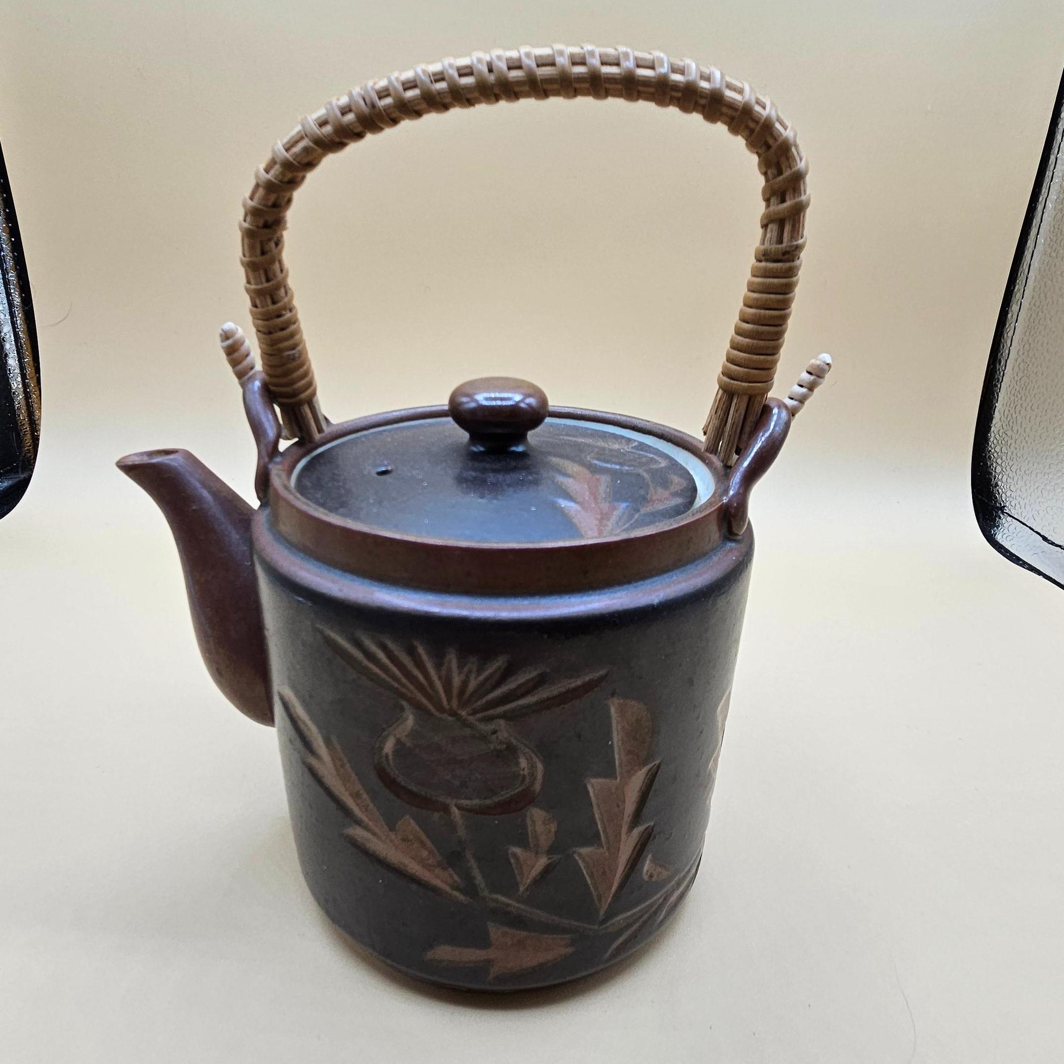 Ceramic 4.5"H Brown Small Teapot With Bamboo Handle, Japan