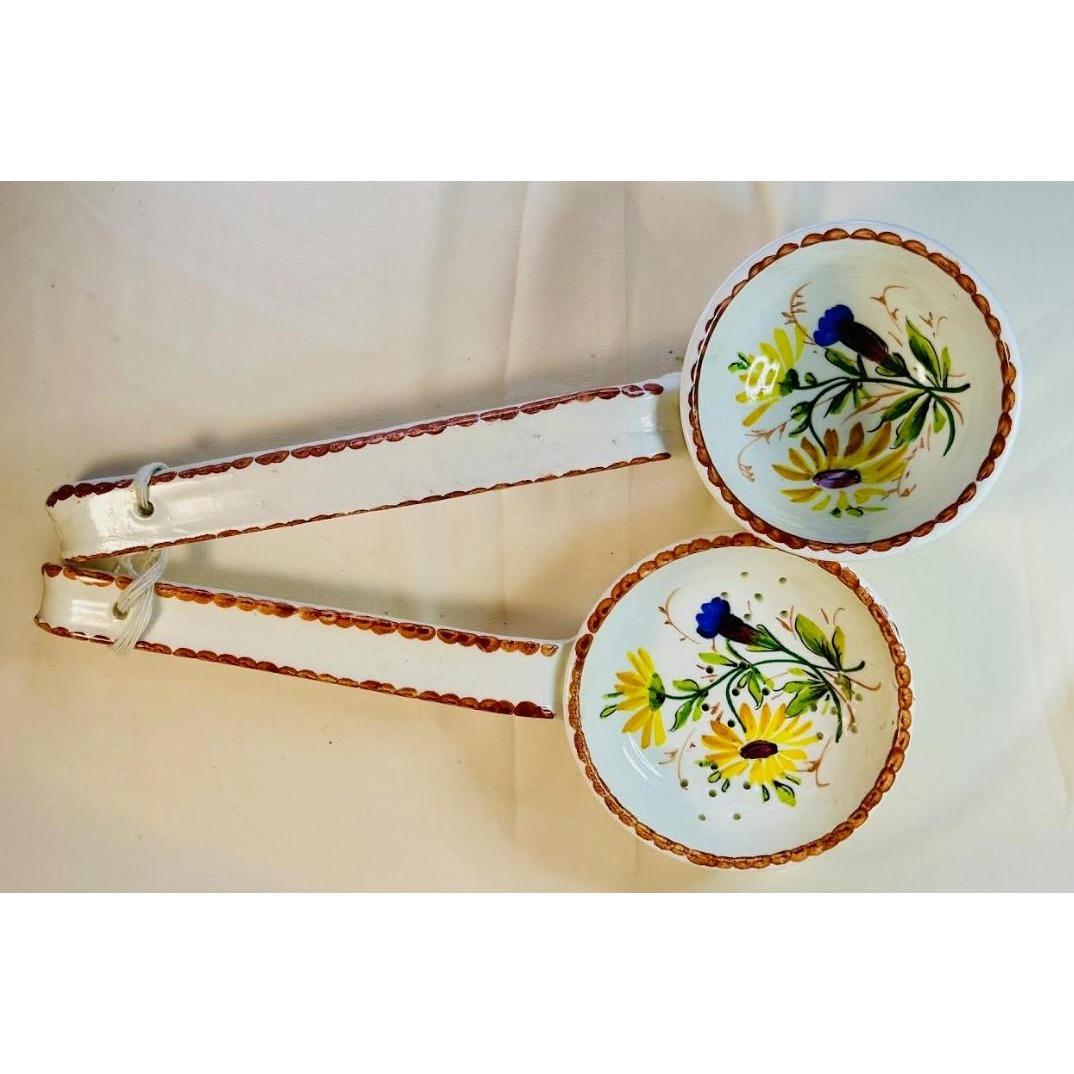 2 PROF. PETUCCO Italian Pottery Soup Ladle Hand Painted 10 Inch Long