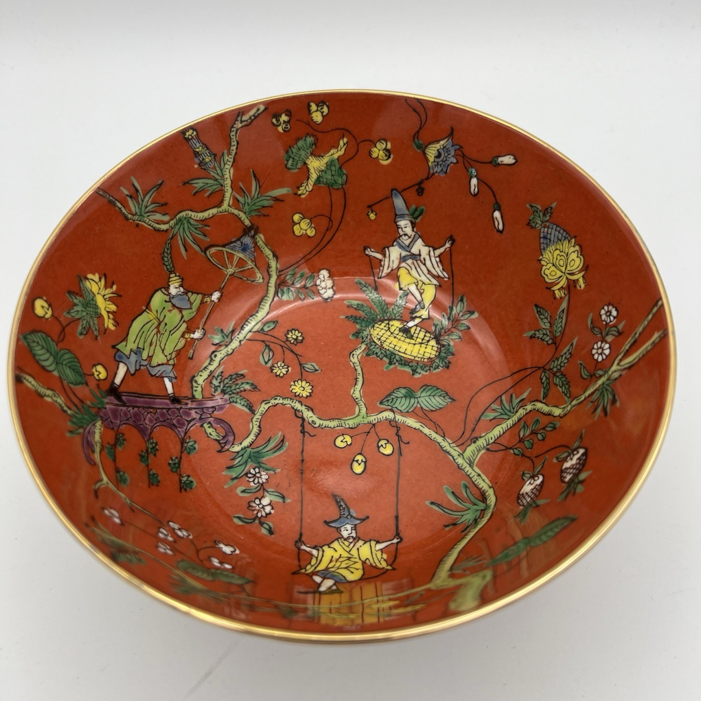 Vtg Chinese Orange Porcelain Bowl Featuring Acrobats Gold Rimmed Hong ...