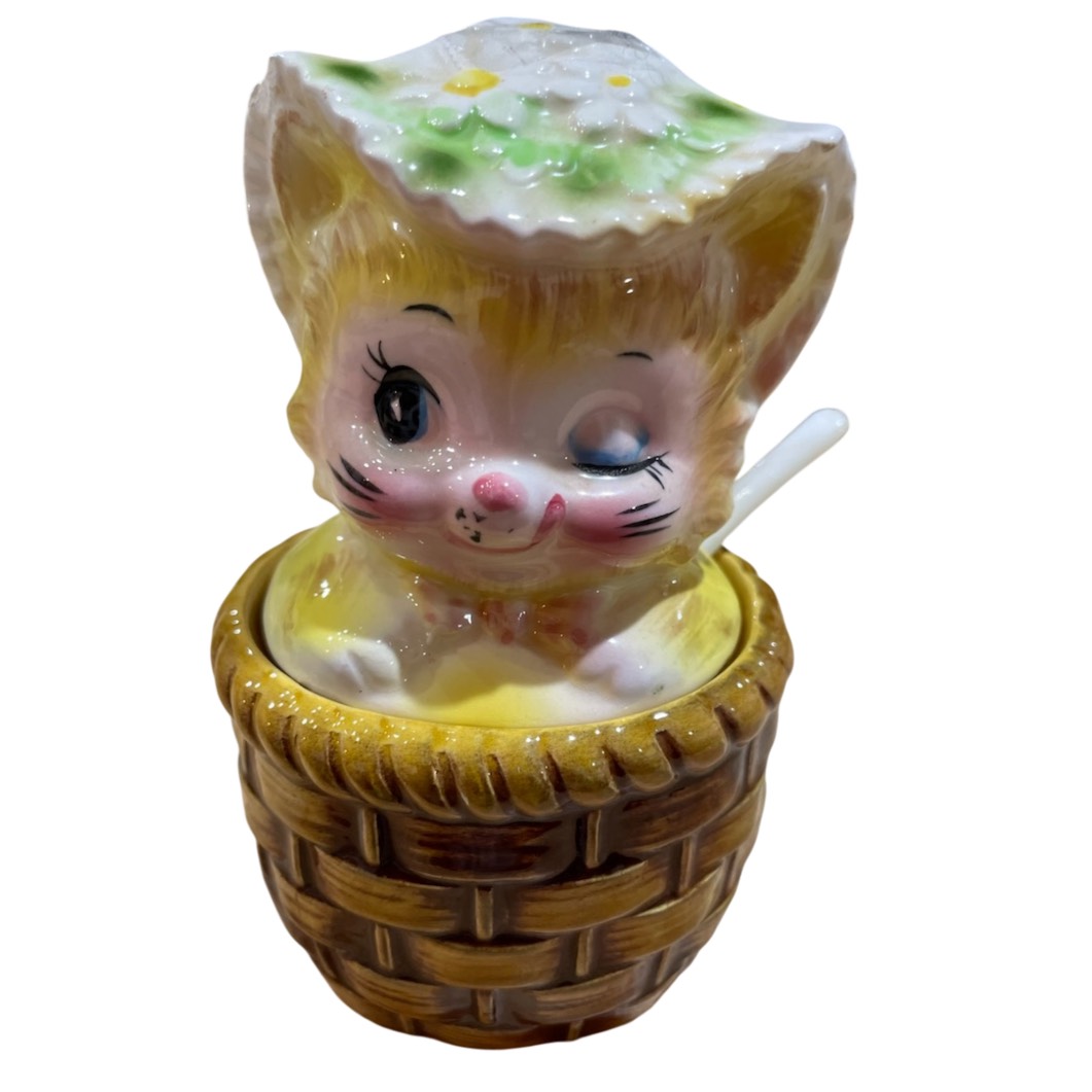 Vintage Winking Kitty Cat in A Basket Collectible Enesco Jam Jar or ...