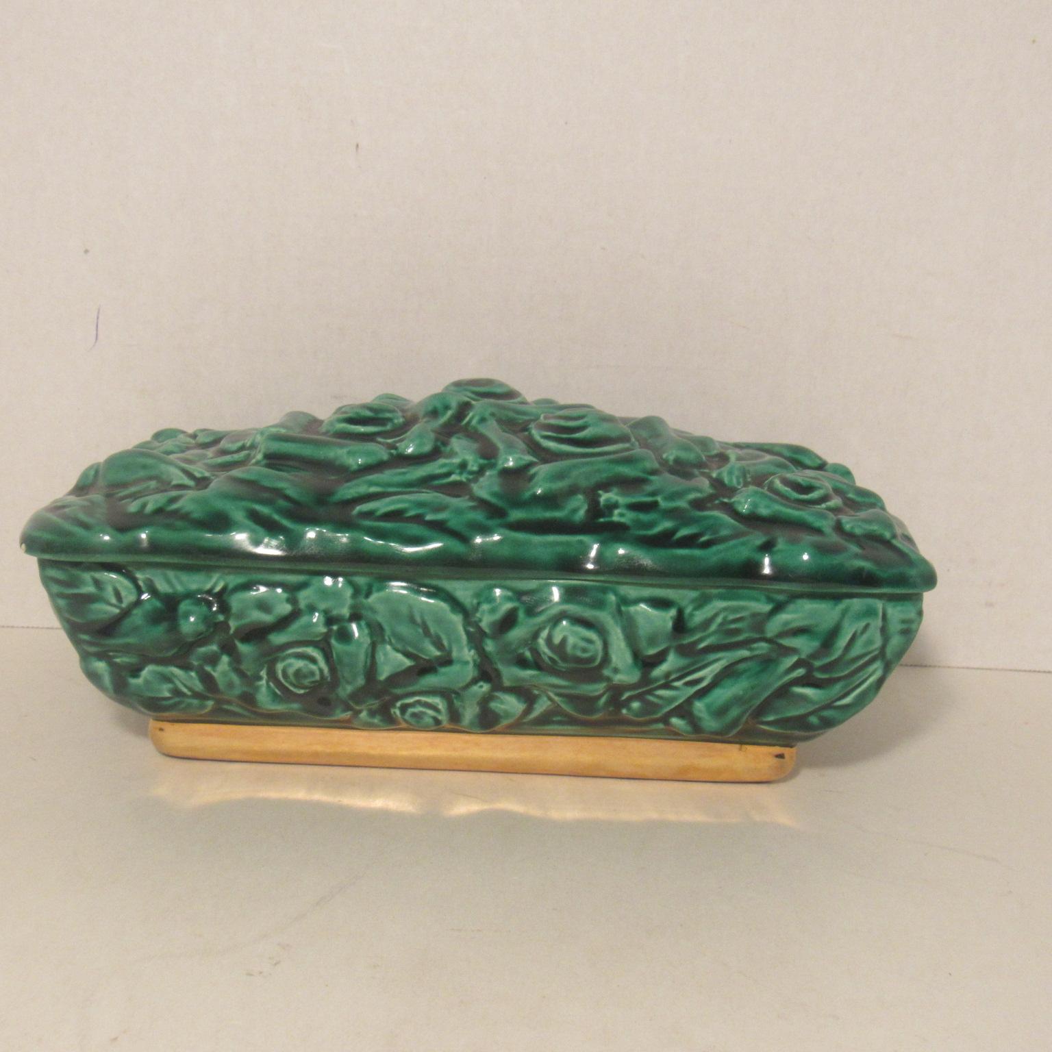 Japanese Mid Century Ceramic Green Trinket Box w/Gold Accent, Floral ...