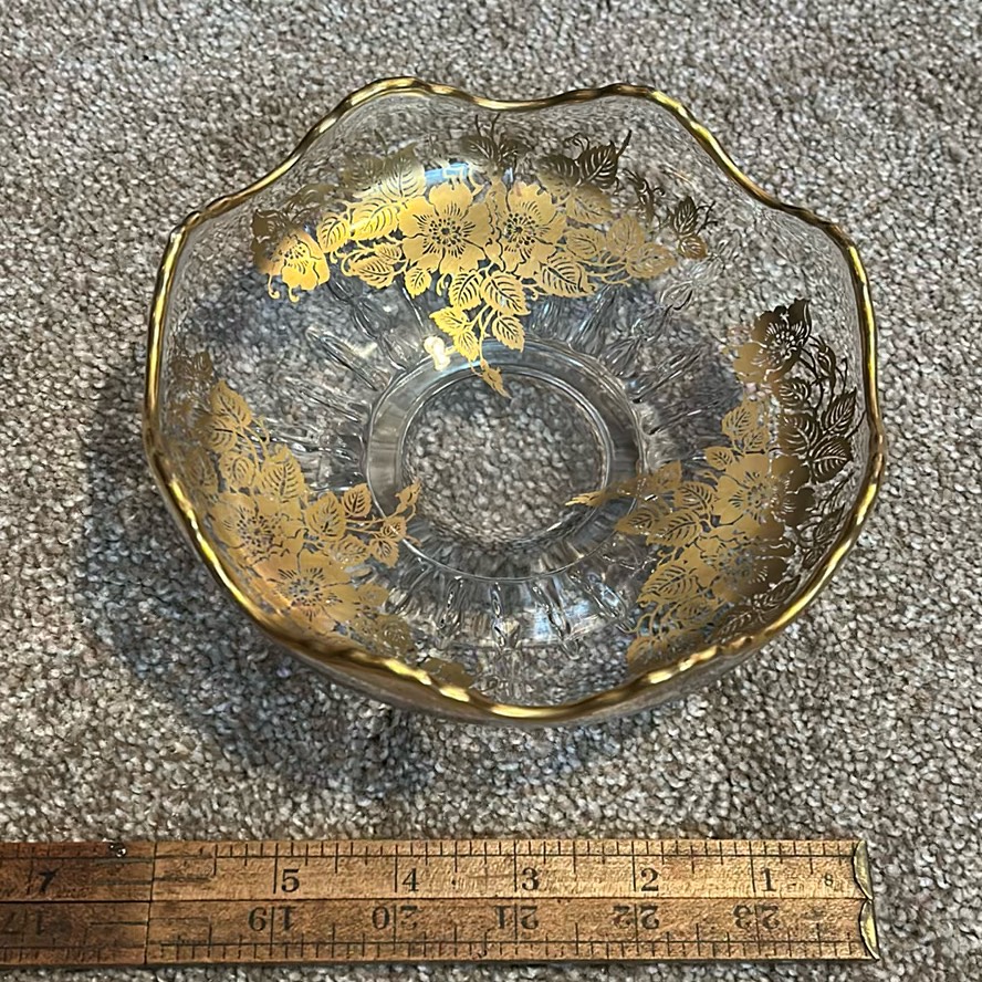 Silver City Glass Company Footed Crystal Bowl Gold Tone Floral Overlay