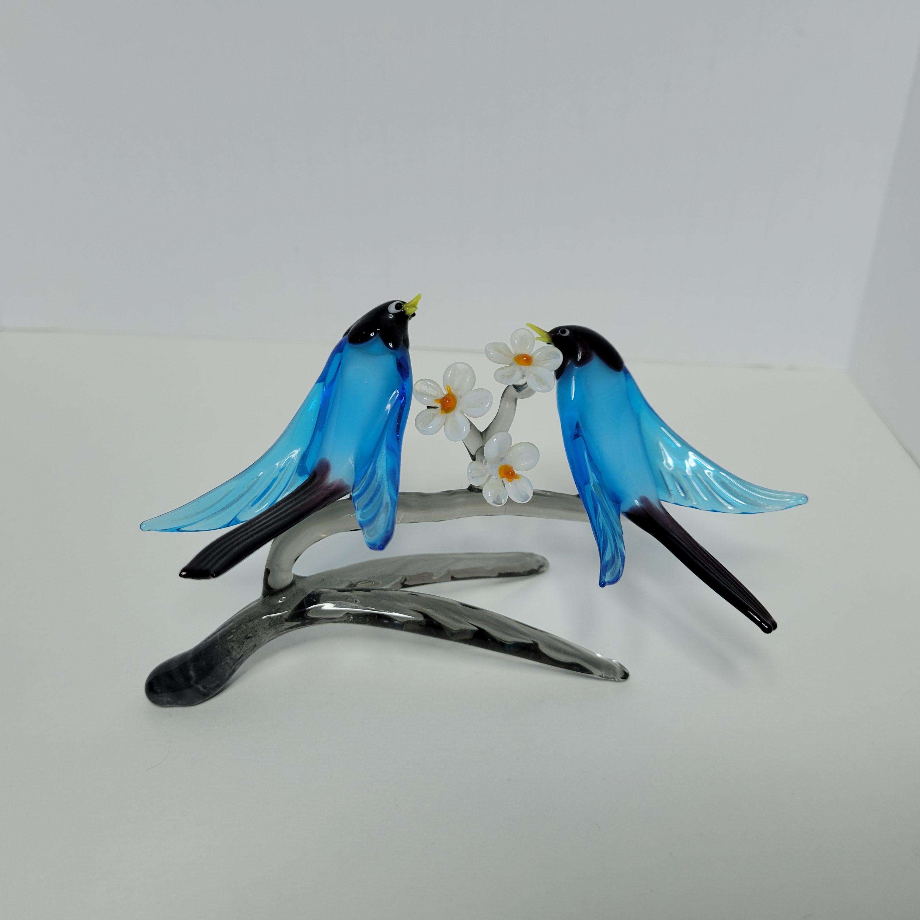 Blue Art Glass Derpy Birds on Branch, Unsigned