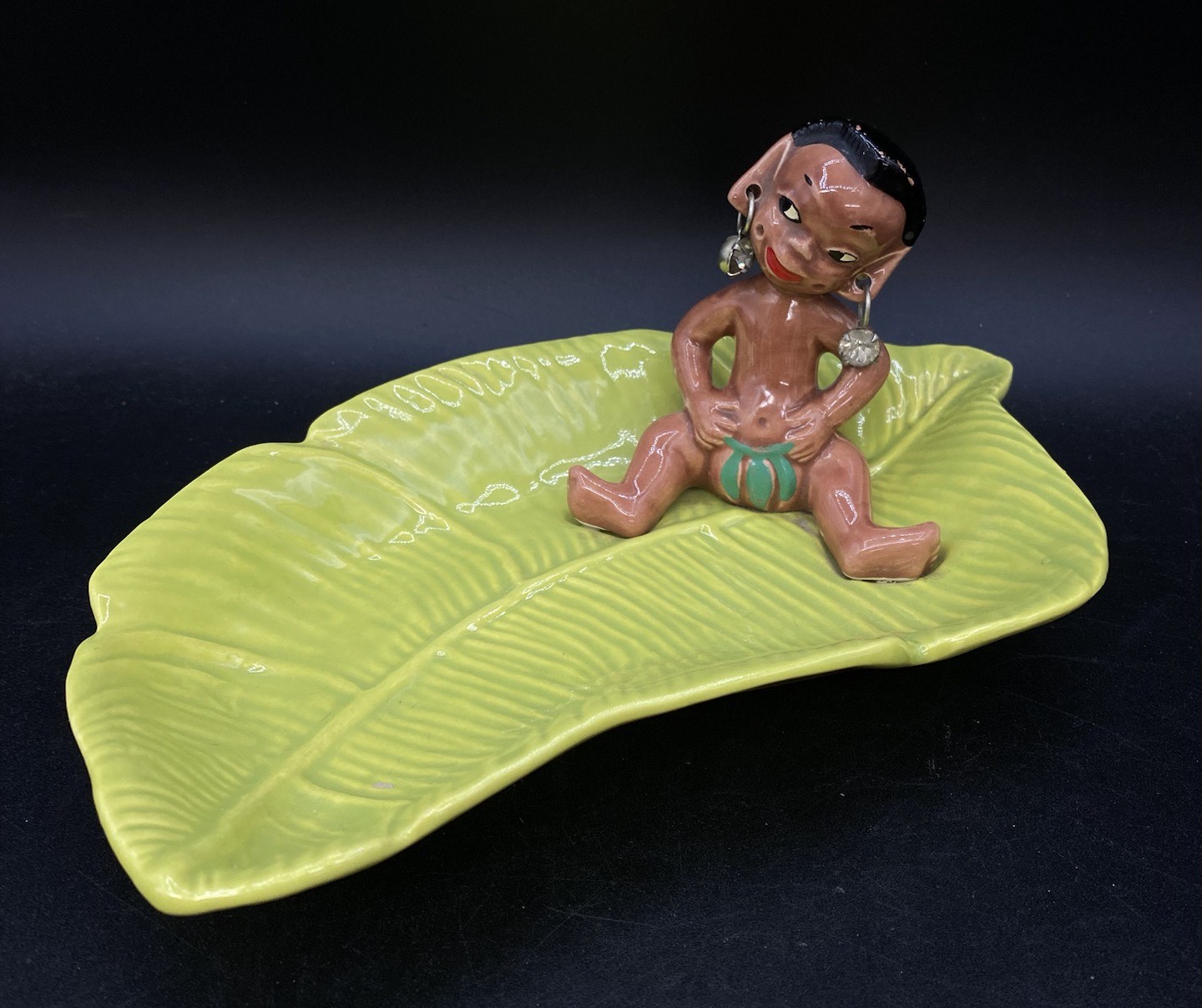Gilner Pottery Happy Cannibal Native Pixie Elf Dish Banana Leaf