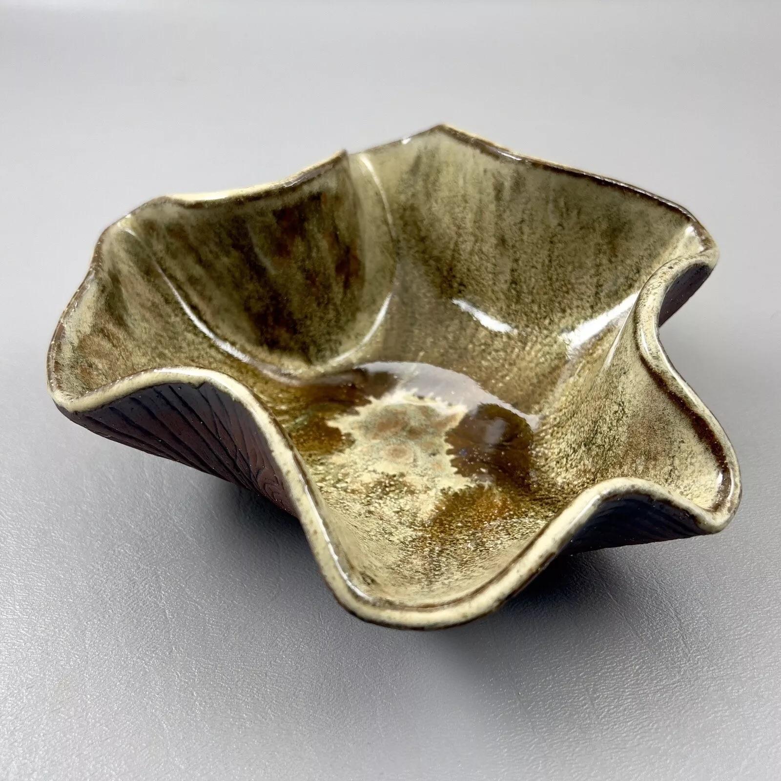 Vintage Freeform Wavy Glazed Pottery Bowl Olive Brown 7"X2.5" Signed ...