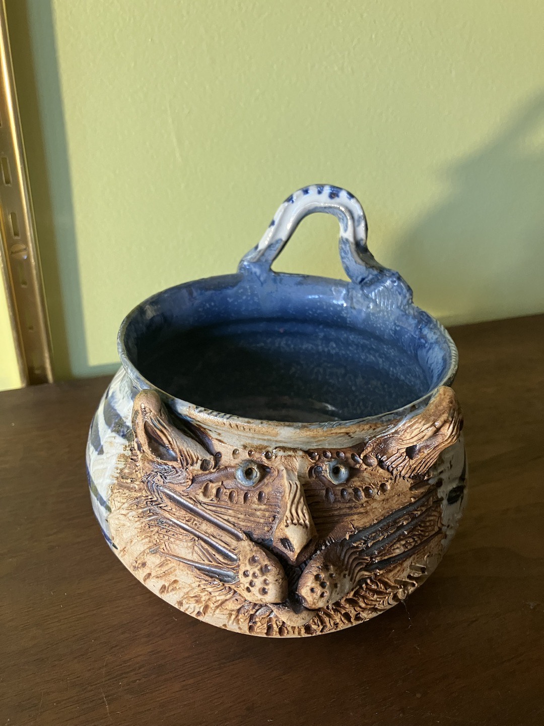 Vintage Studio Pottery Cat Face Bowl signed
