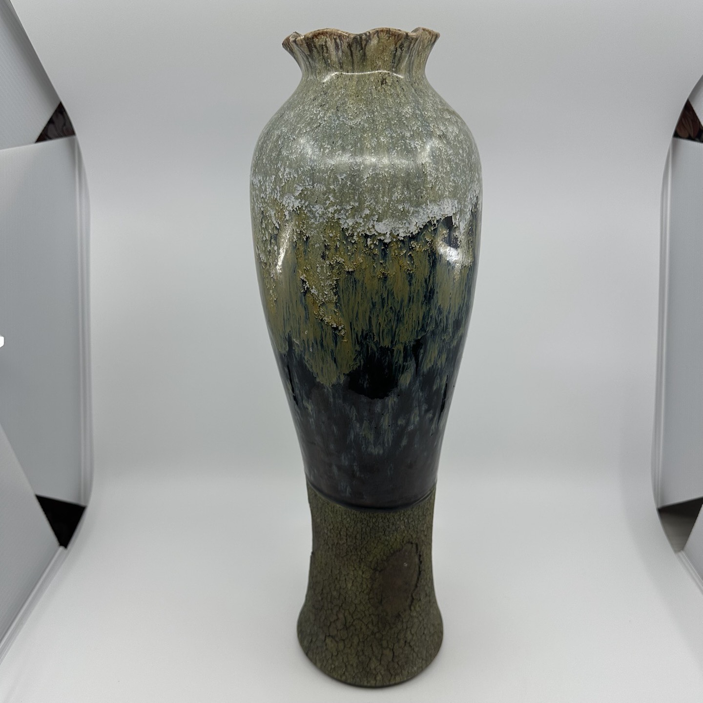 Hosley Potteries Drip Glaze & Matte Vase Green Brown 18”