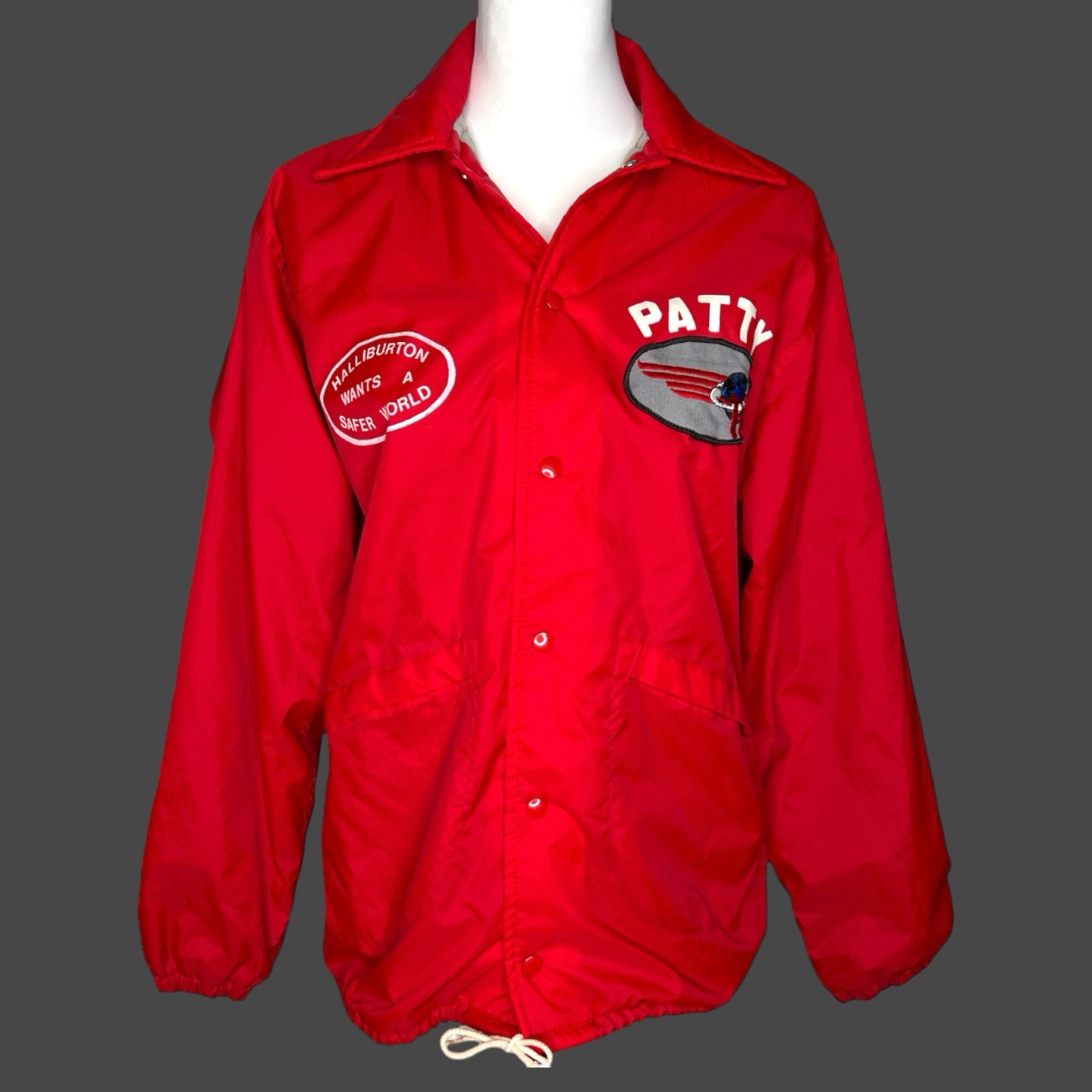 Vintage 70s Red Halliburton Logo Patch Safer World Pla-Jac Windbreaker ...