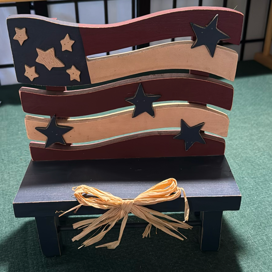 24. Rustic Wood Doll Bench Star Stripes Patriotic Red White Blue Handmade