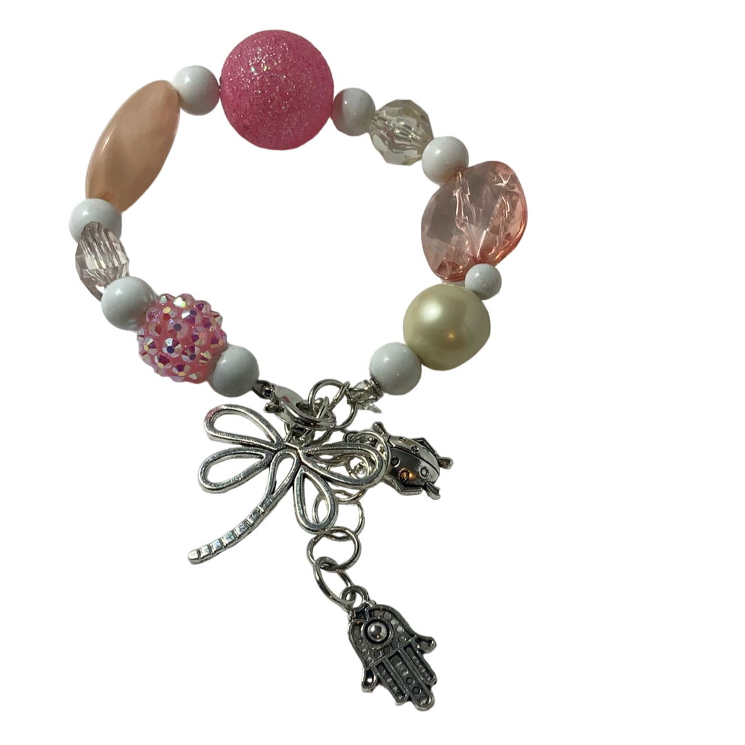 Handcrafted Beaded Blush Pink Color Bracelet Silver Tone White Pearls ...