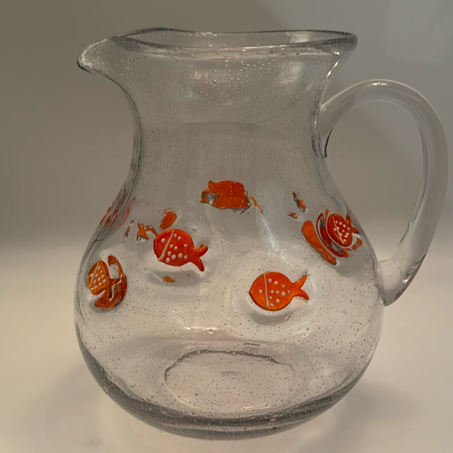Blown Belly Pitcher With Fused Orange Fish